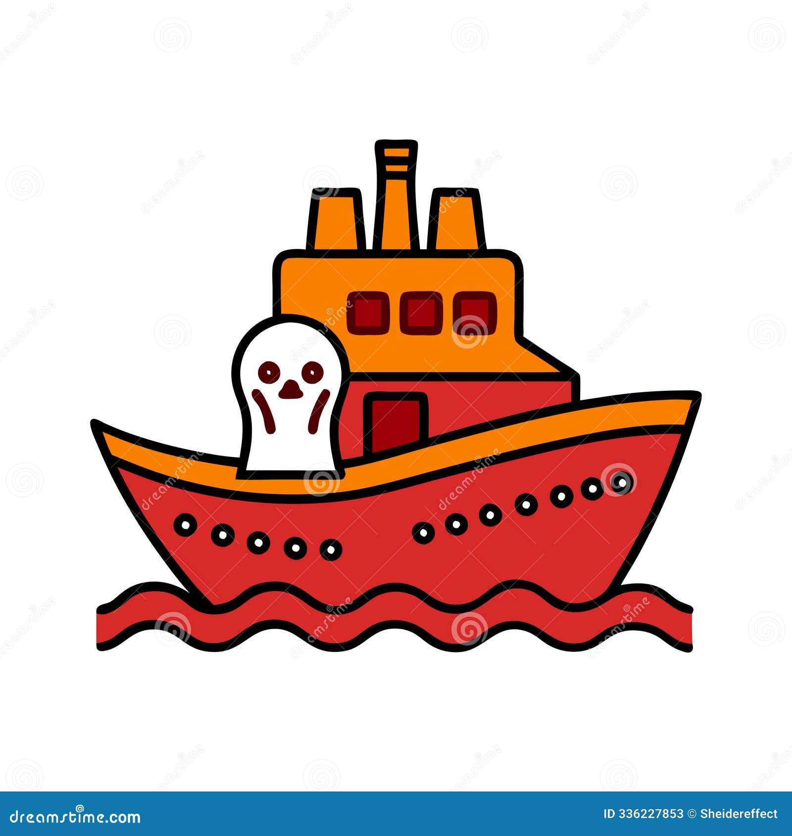 A Cartoon Drawing of a Boat with a Ghost on it Stock Illustration ...