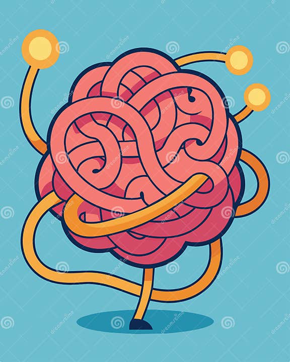 A Cartoon Drawing of a Brain with Exaggerated Tangled Pathways Creating ...