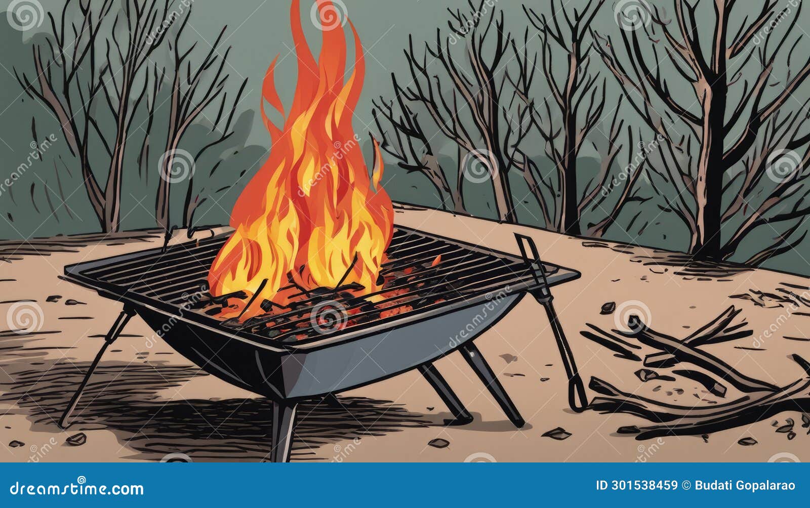 A Cartoon Drawing of a Fire Pit with a Fire Burning Stock Illustration ...