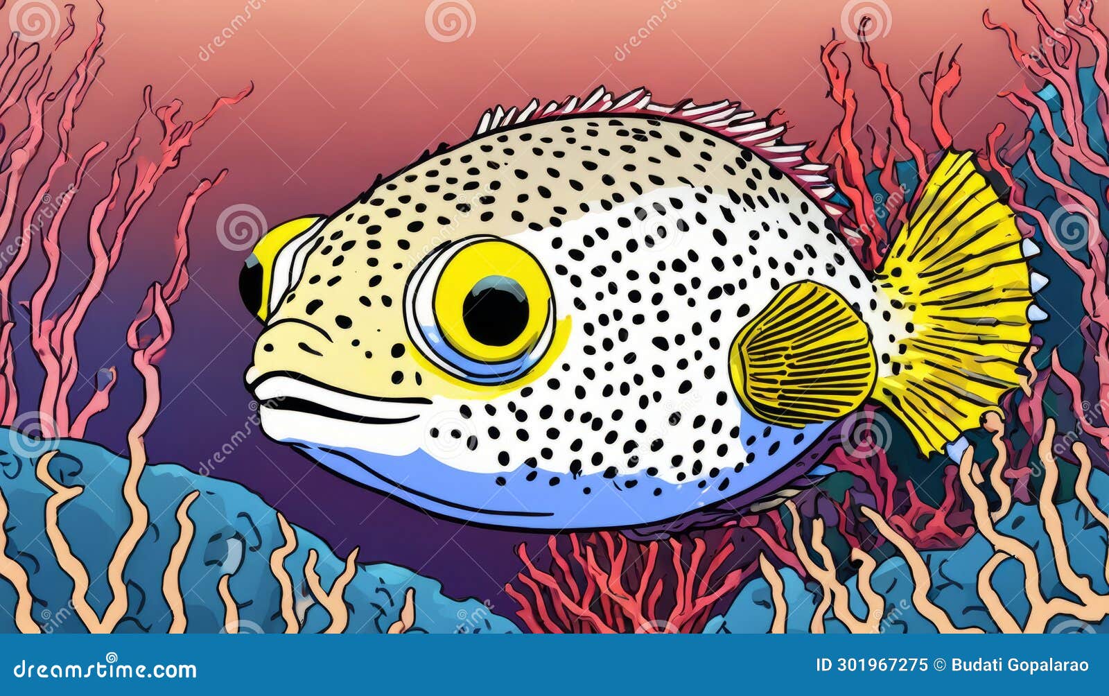 A Cartoon Drawing of a Fish with Yellow Eyes Stock Illustration ...