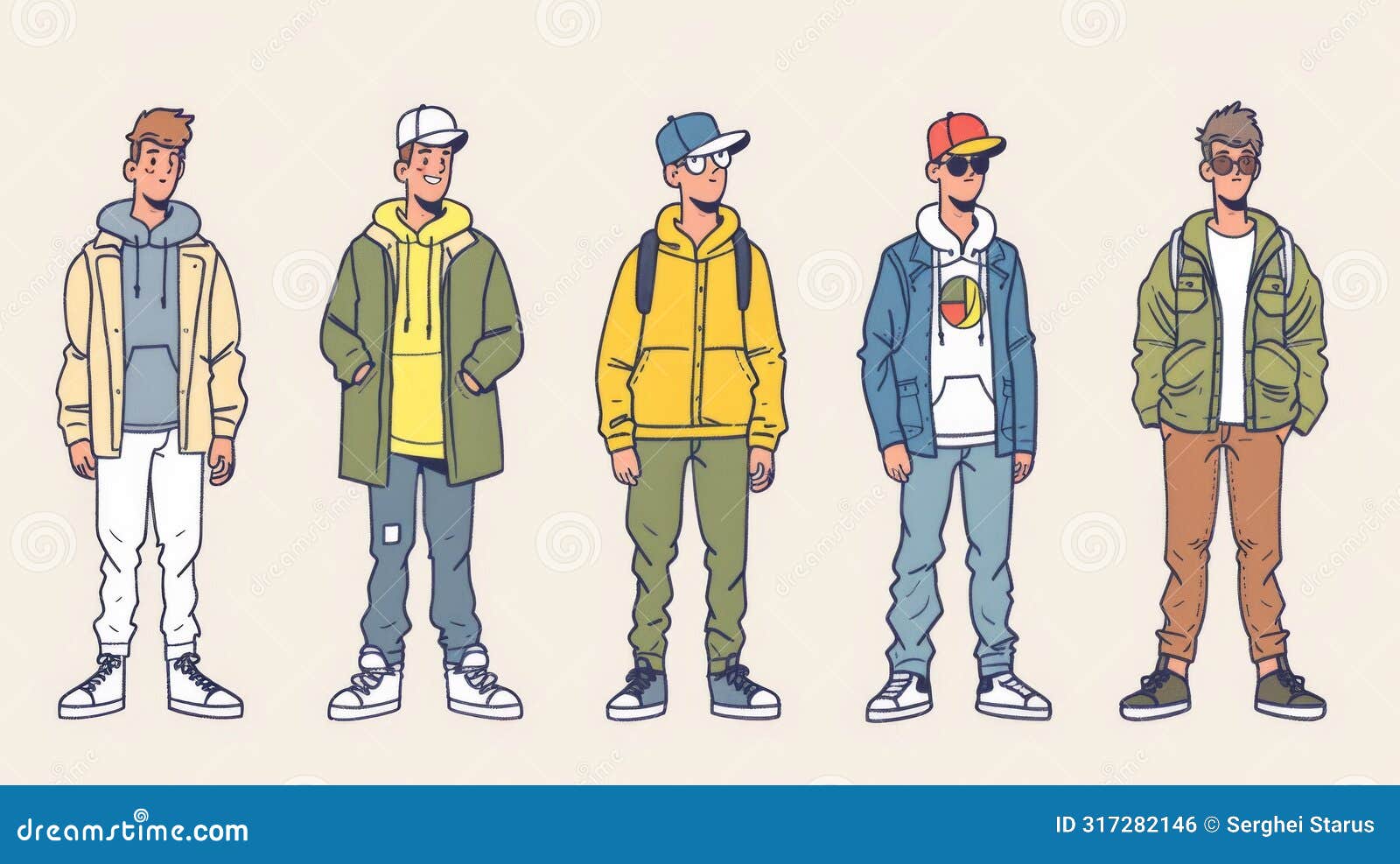 A Cartoon Drawing of a Group of Men Wearing Different Clothes, AI Stock ...