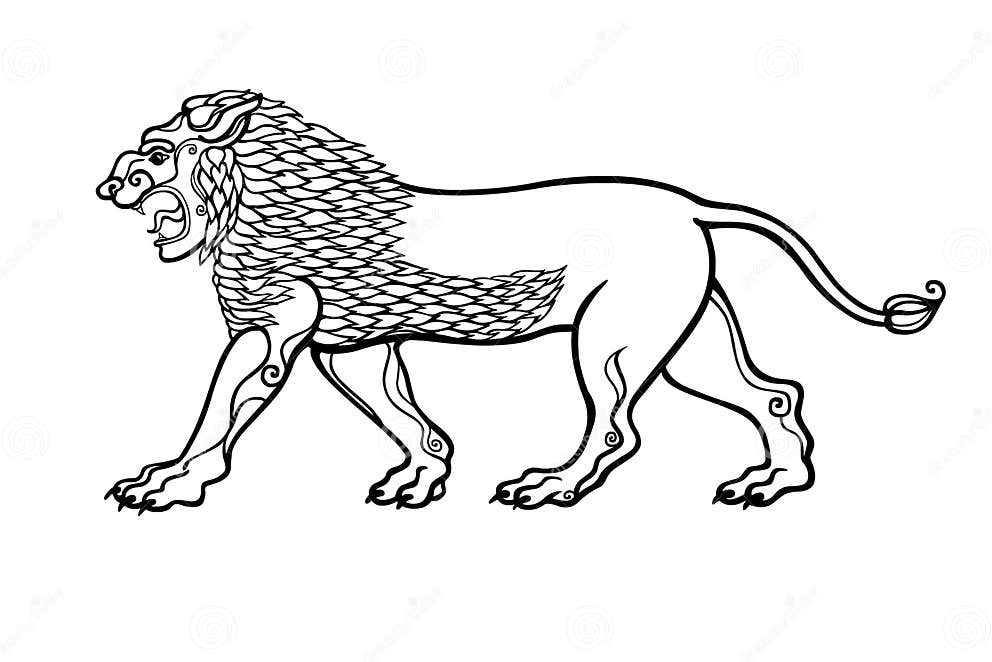 Cartoon Drawing Growling Lion A Character In Assyrian Mythology
