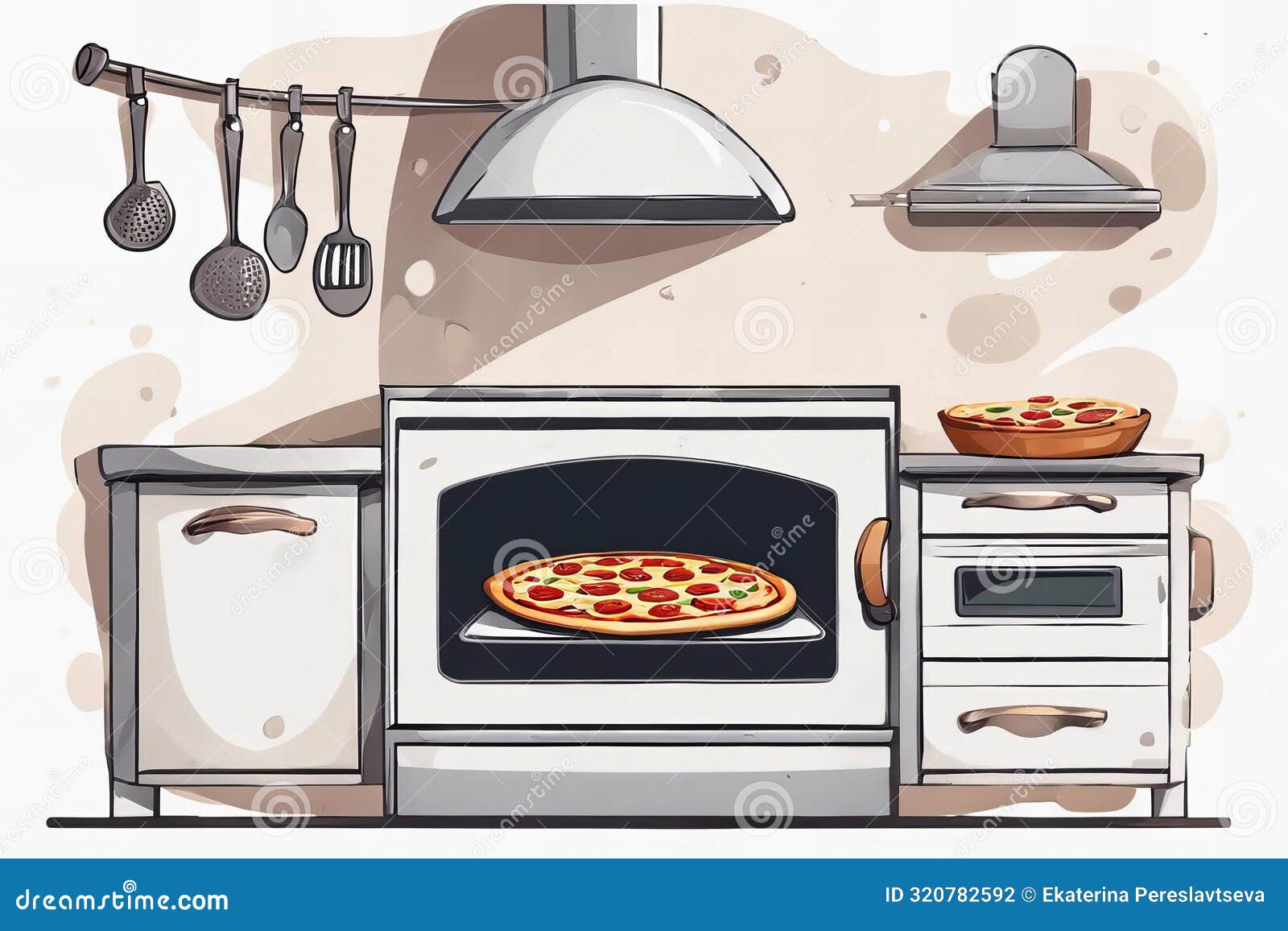A Cartoon Drawing of a Kitchen with a Pizza Oven and a Pizza Inside ...