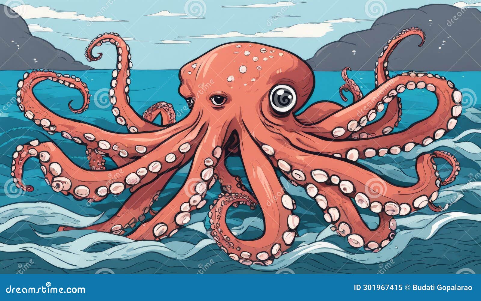 A Cartoon Drawing of an Octopus in the Ocean Stock Illustration ...