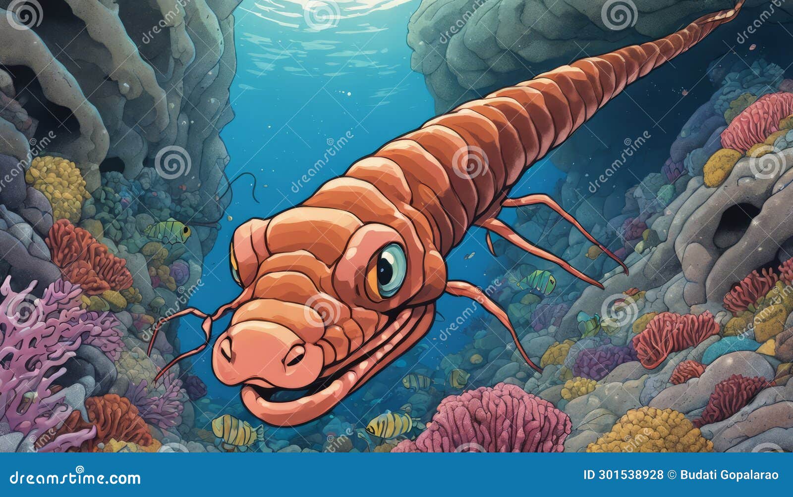 A Cartoon Drawing of a Red Sea Creature with a Long Tail Stock ...