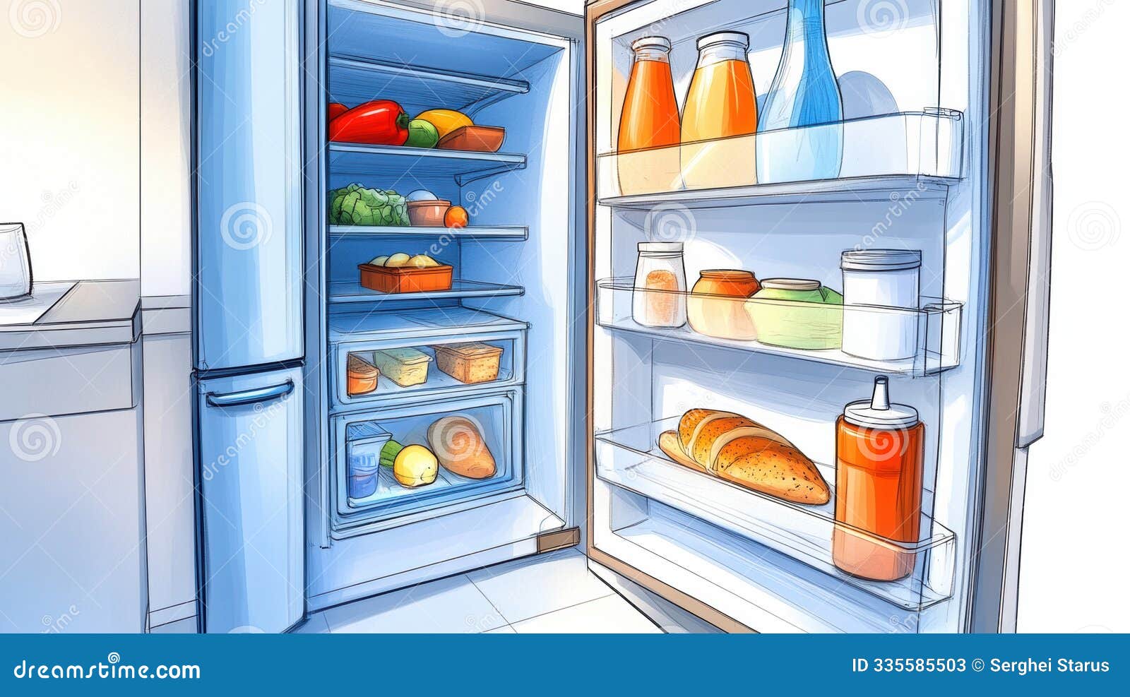 A Cartoon Drawing of a Refrigerator with Food Inside it, AI Stock Image ...