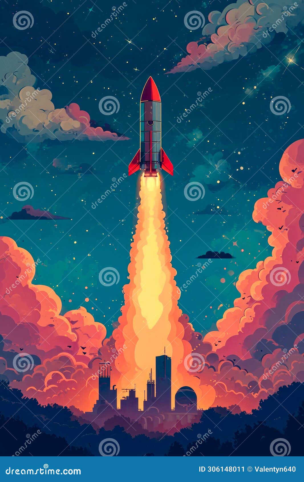 Cartoon Drawing of Rocket Blasting Off into Space. Generative AI Stock ...