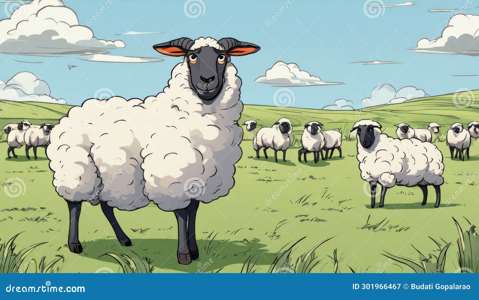 A Cartoon Drawing Of A Sheep With A Flock Of Sheep In The Background ...