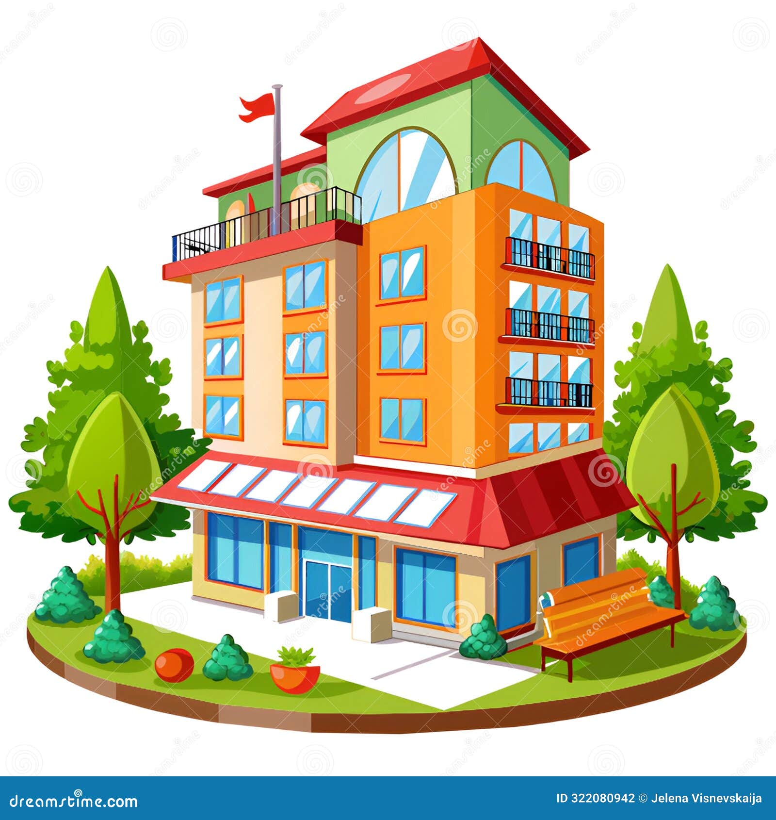 Cartoon Illustration of Large Building with Trees and Bench in Front ...