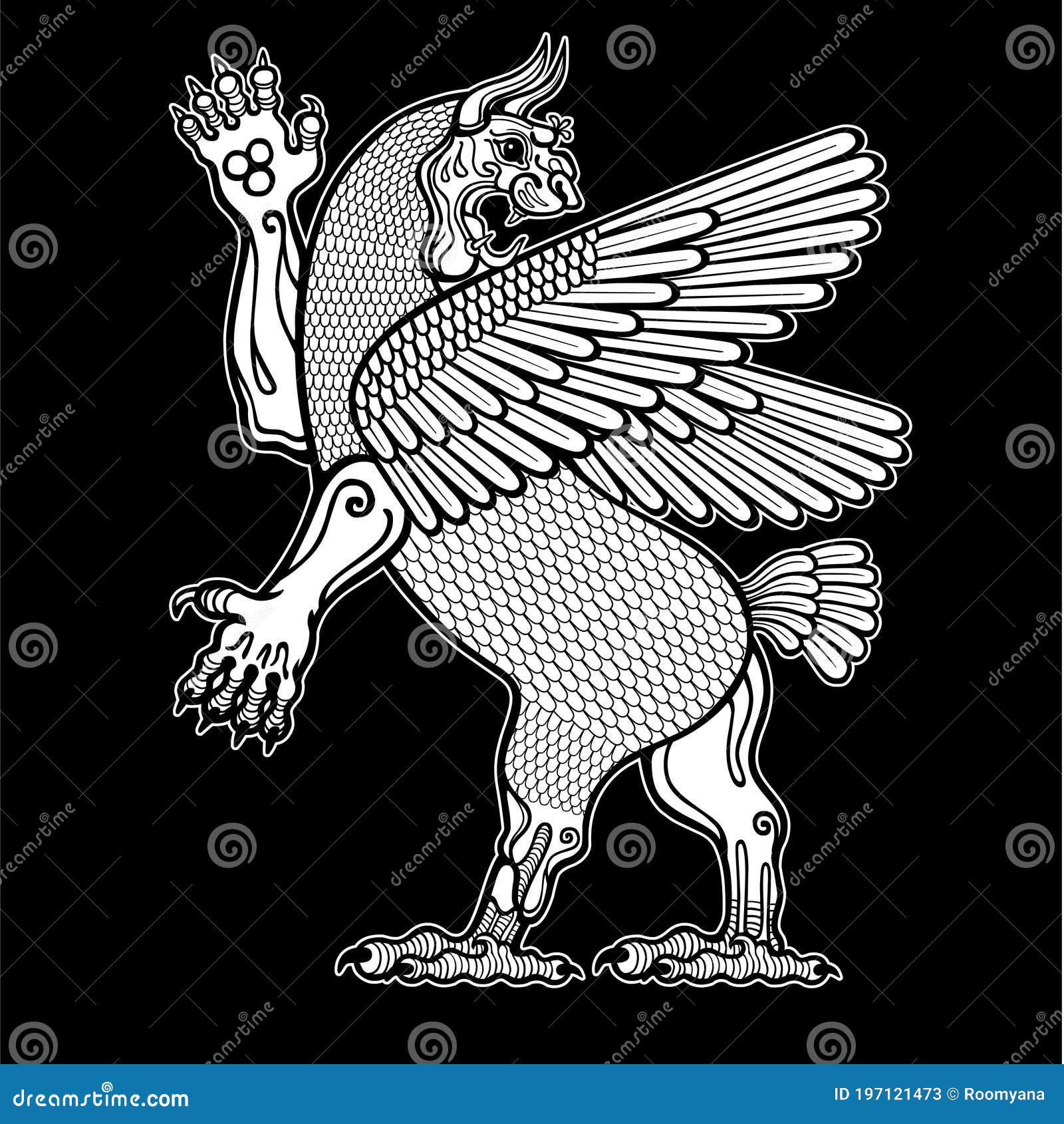Cartoon Drawing Winged Dragon Lion A Character In Assyrian Mythology Stock Vector