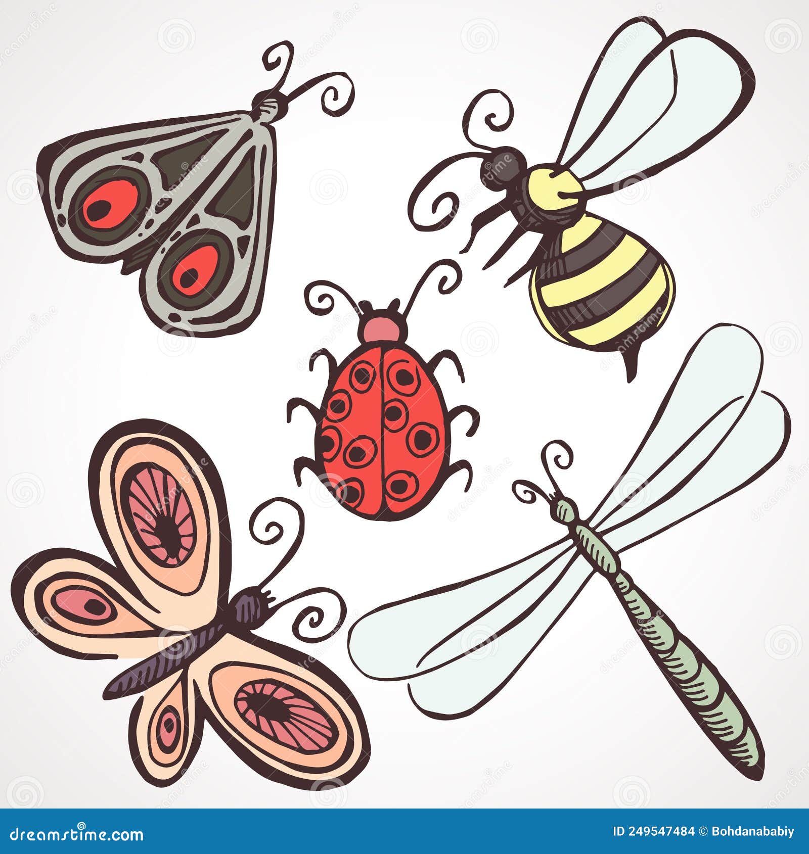 Cartoon Drawn Set Insects. Vector Illustration. Children Decor Stock ...