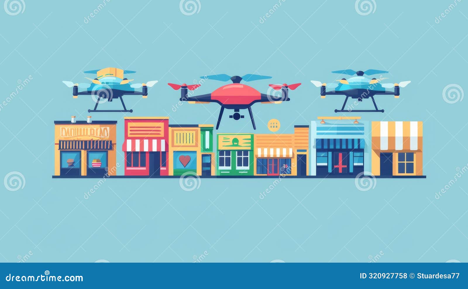 Cartoon Drones Flying Above Row of Storefronts Stock Illustration ...