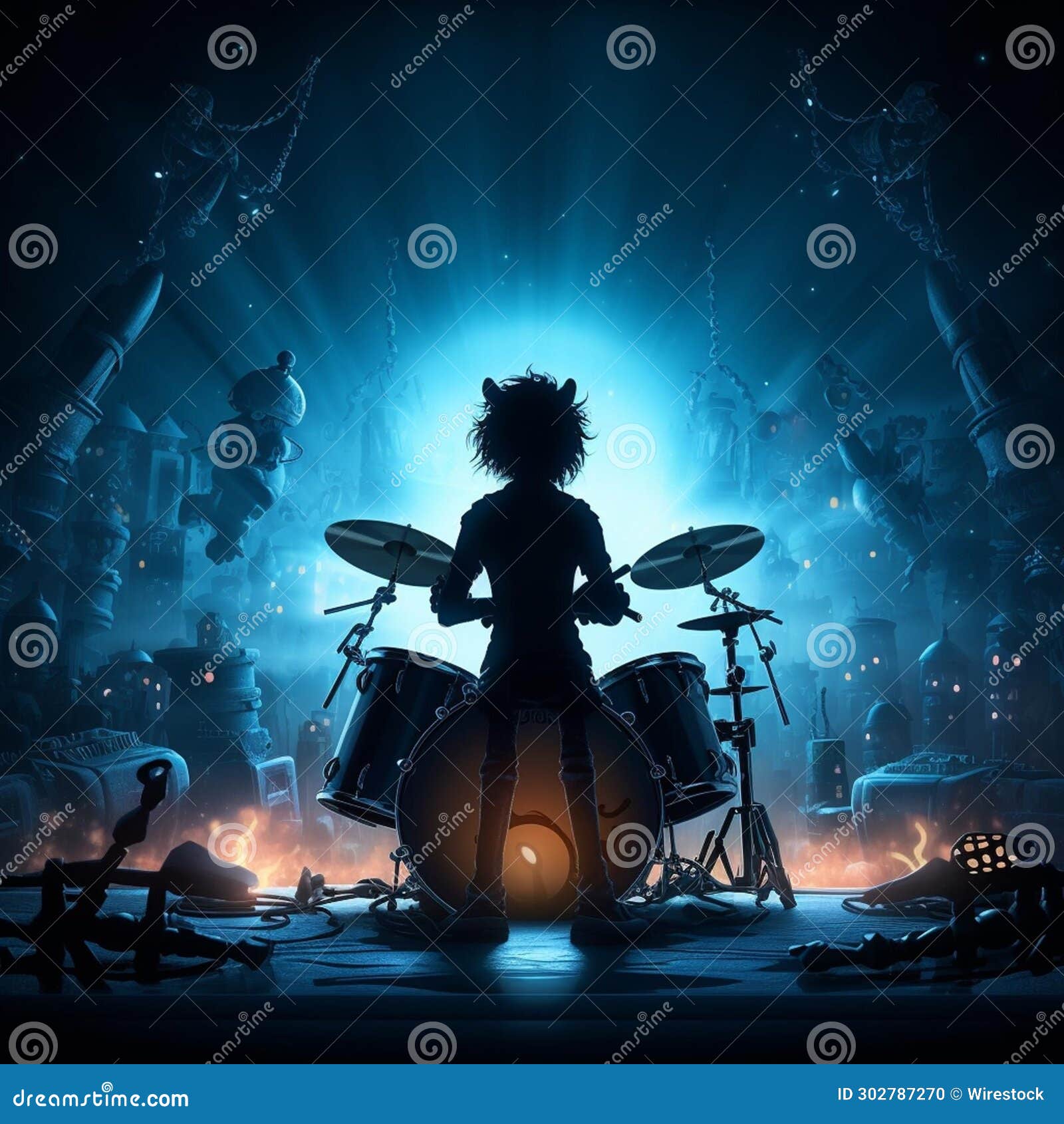 Cartoon Drummer Playing a Set of Drums Onstage in Front of a Cityscape ...