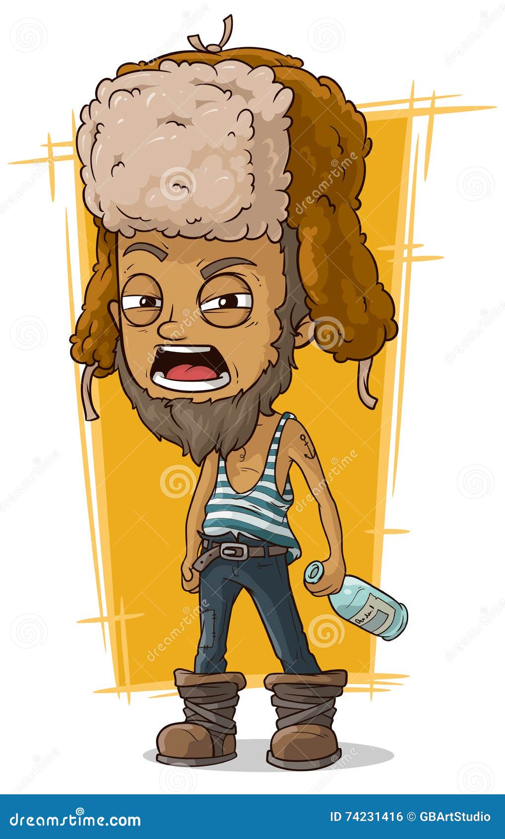 Cartoon Drunk Man in Earflaps with Bottle Stock Vector - Illustration ...