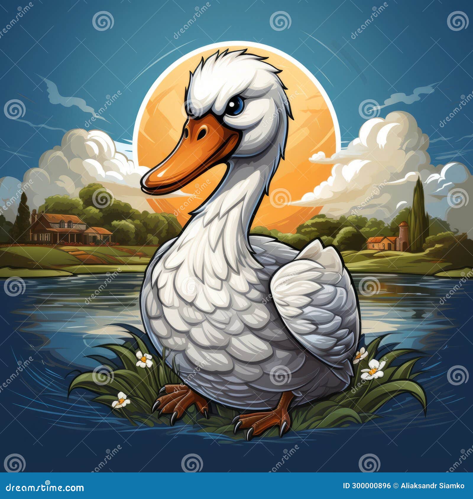 A Cartoon of a Duck Sitting on Grass in Water Stock Photo - Image of ...