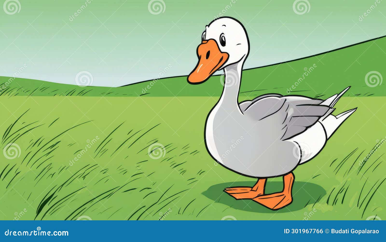 A Cartoon Duck Walking in a Grassy Field Stock Illustration ...