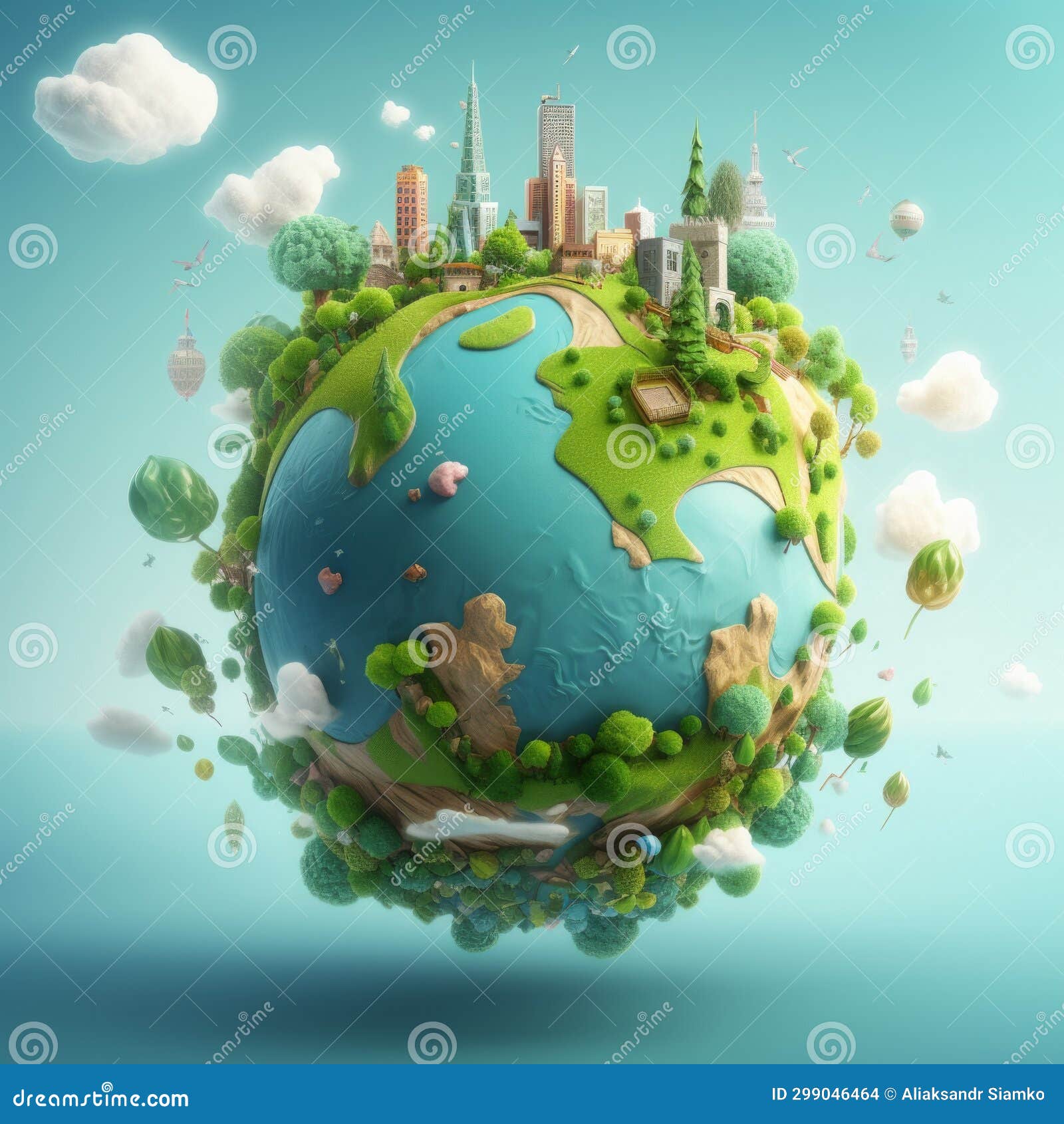 A Cartoon Earth with Buildings and Trees Stock Illustration ...