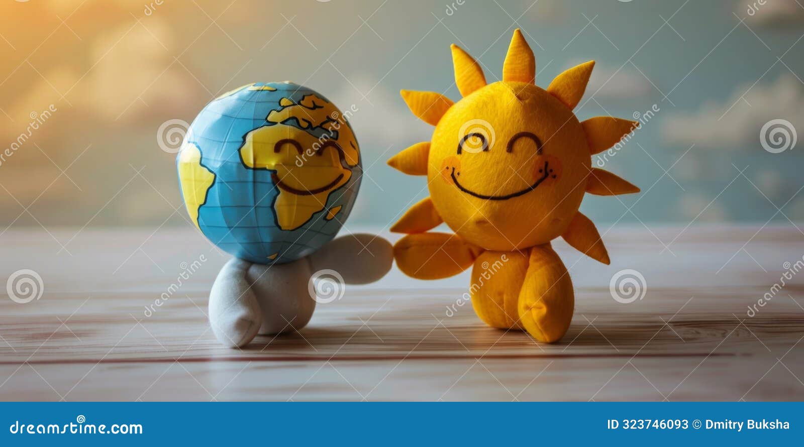 A Cartoon Earth and Sun Holding Hands, Both Smiling Happily Stock Image ...
