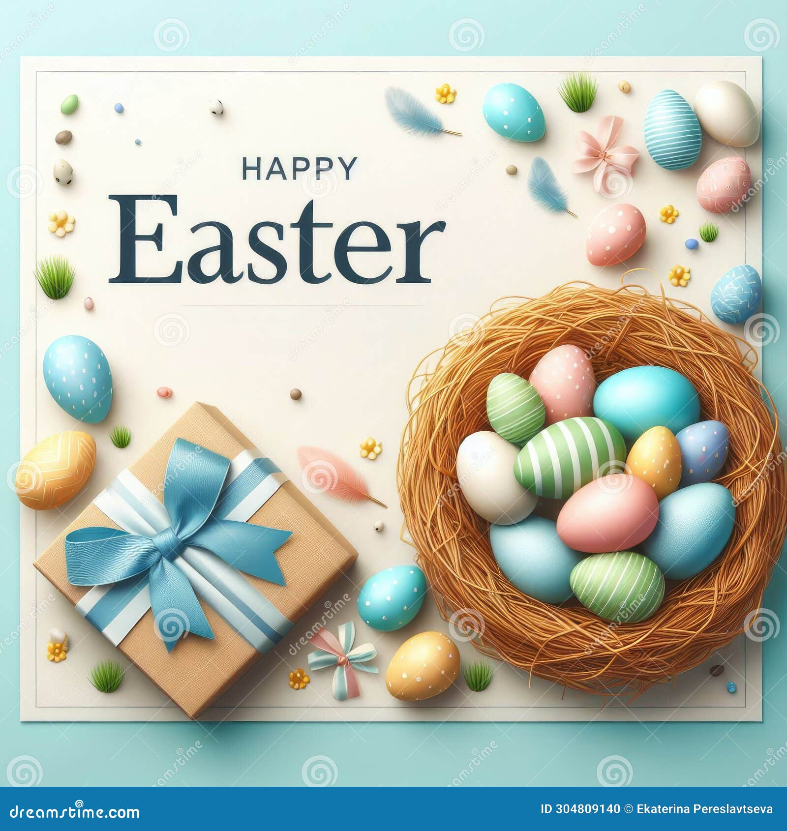 Cartoon Easter Basket with Painted Eggs and Spring Flowers. Wicker ...