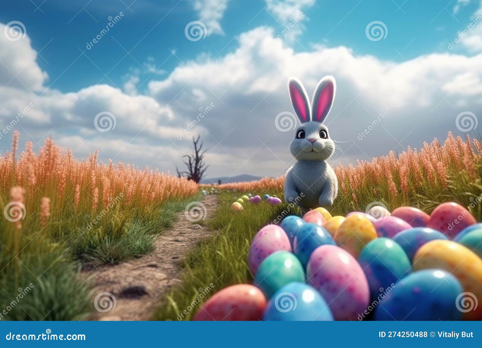 Cartoon Easter Bunny and Colored Eggs Outdoors Made with Generative AI ...