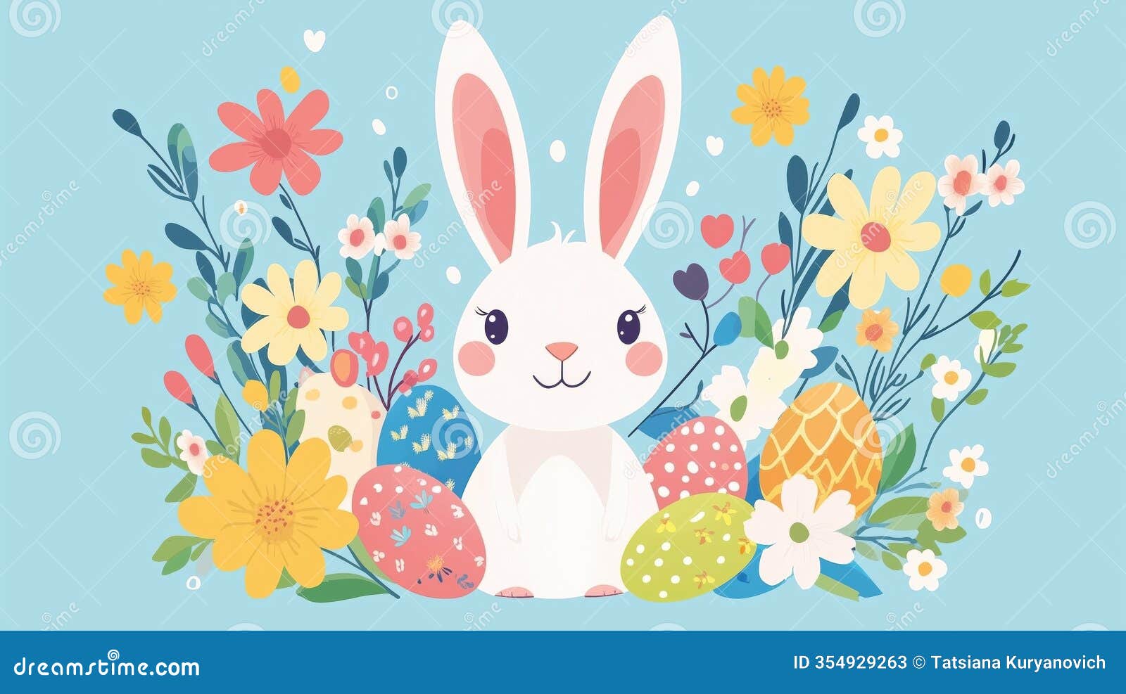 Cartoon Easter Bunny with Flowers and Eggs Stock Image - Image of ...