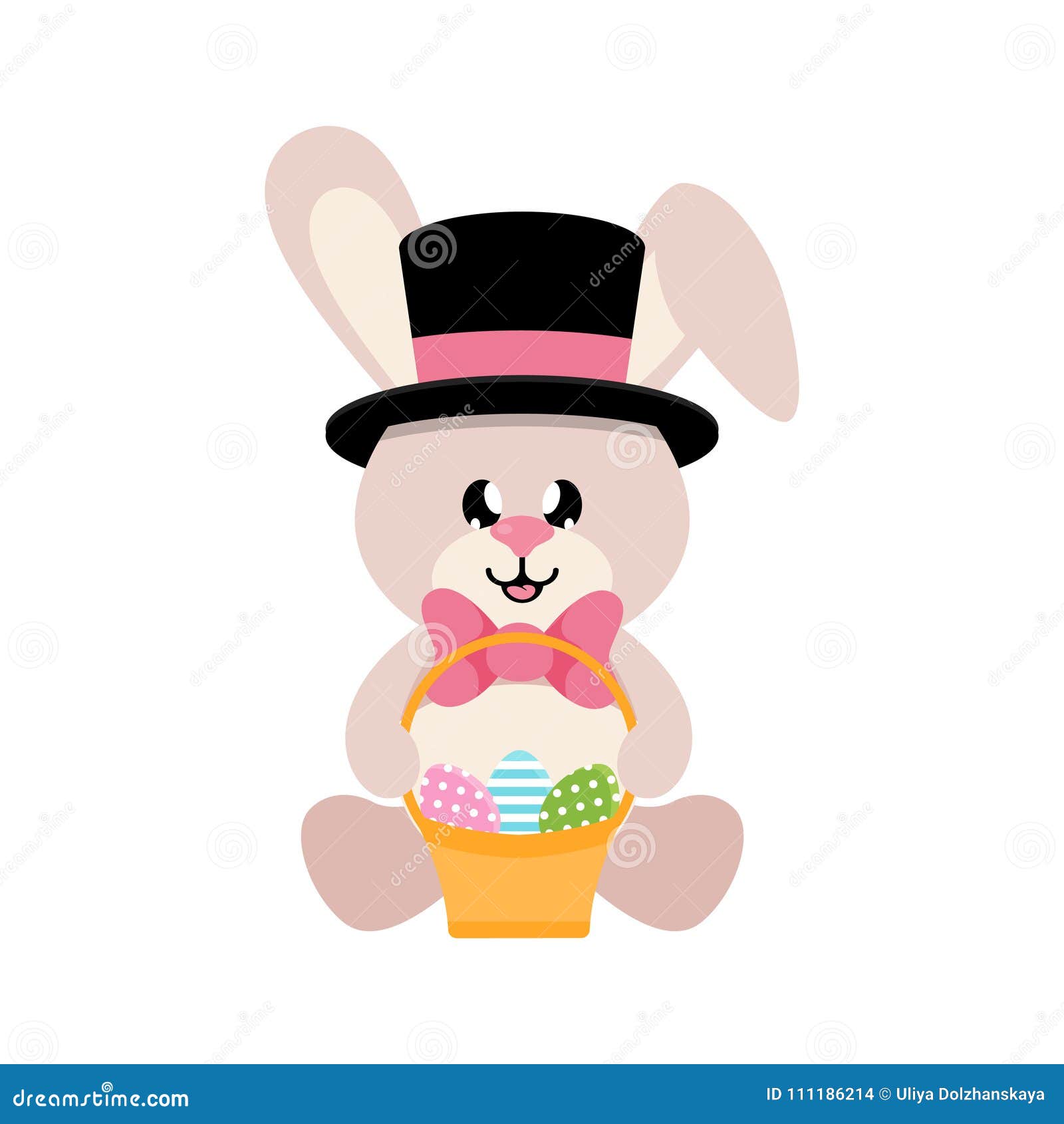 Cartoon Easter Bunny with Hat Sitting with Easter Basket and Eggs Stock ...