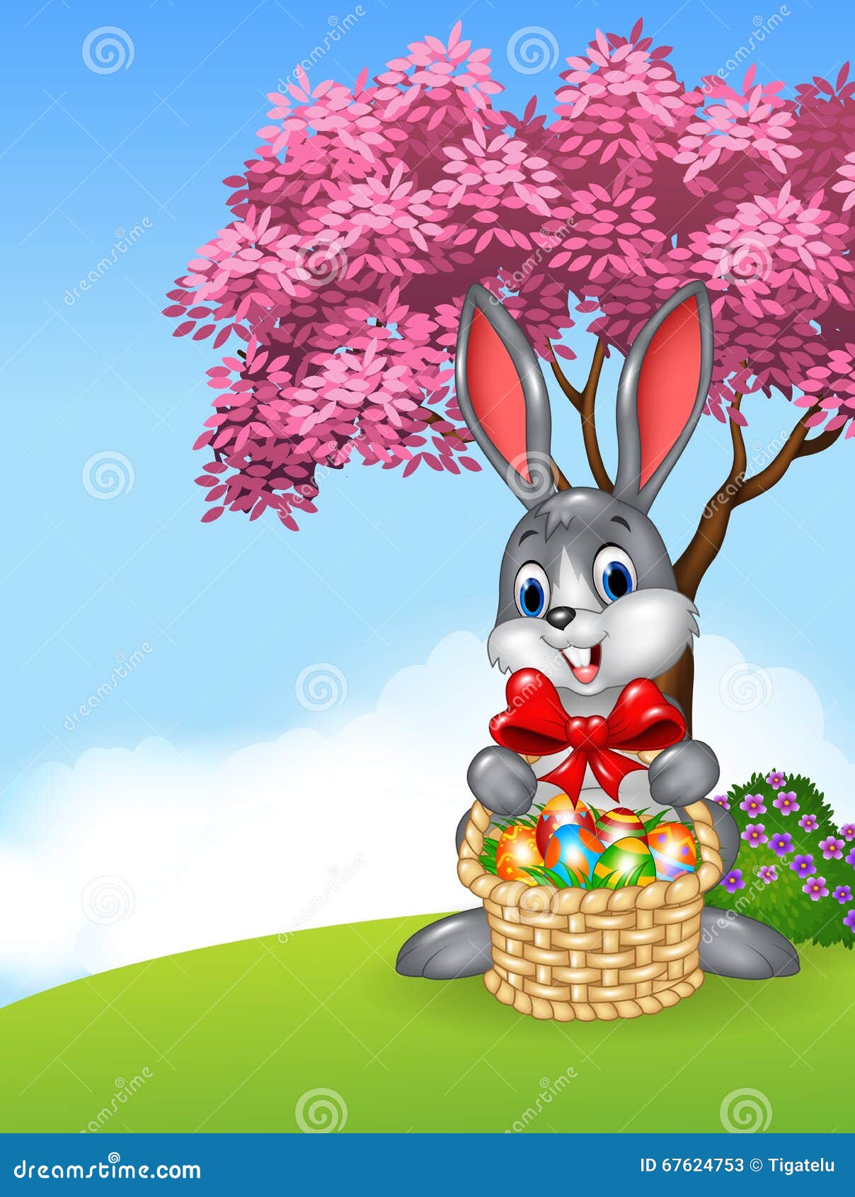 Cartoon Easter Bunny Holding Easter Basket Full of Decorated Easter ...