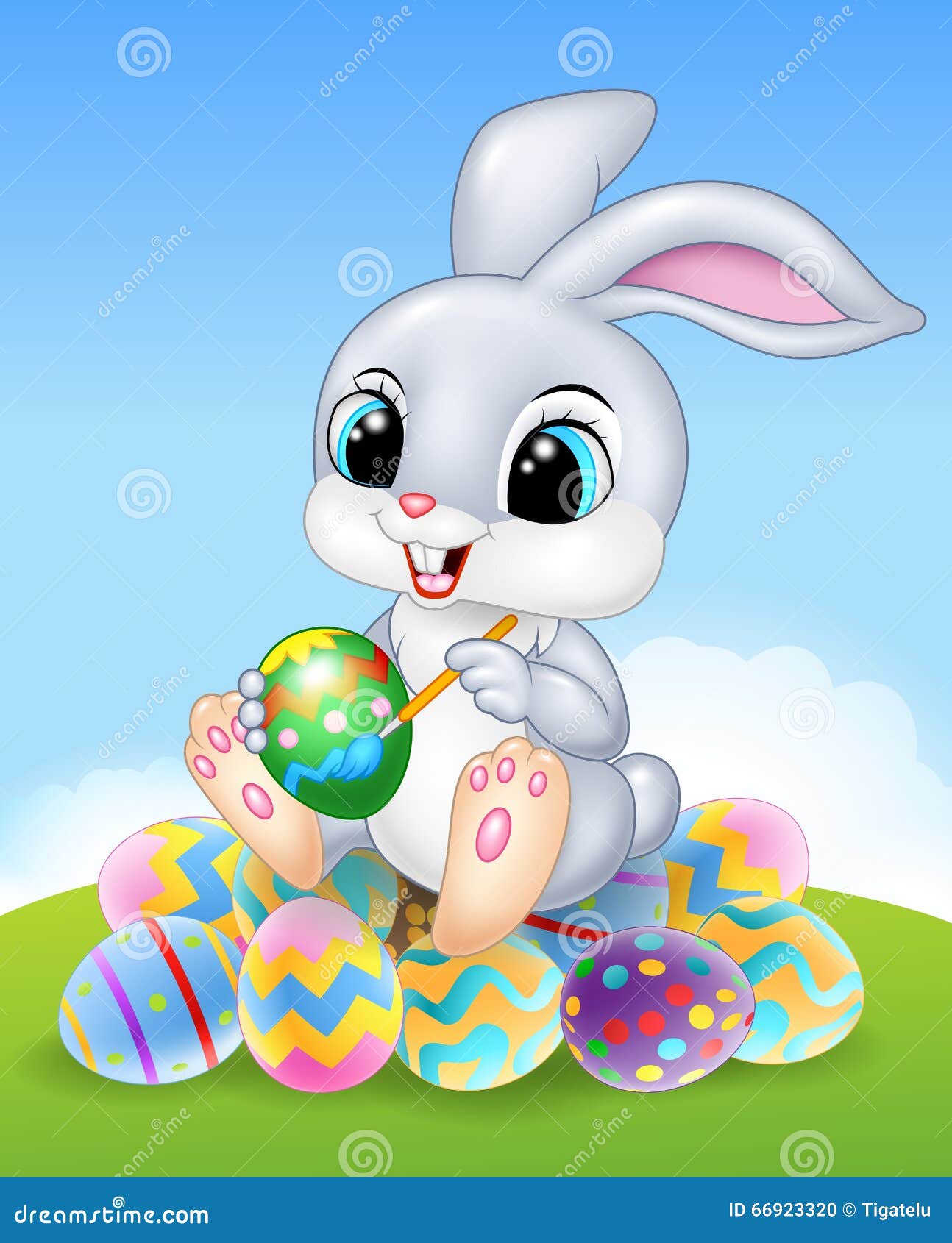 Cartoon Easter Bunny Painting an Egg on the Easter Eggs Stock Vector ...
