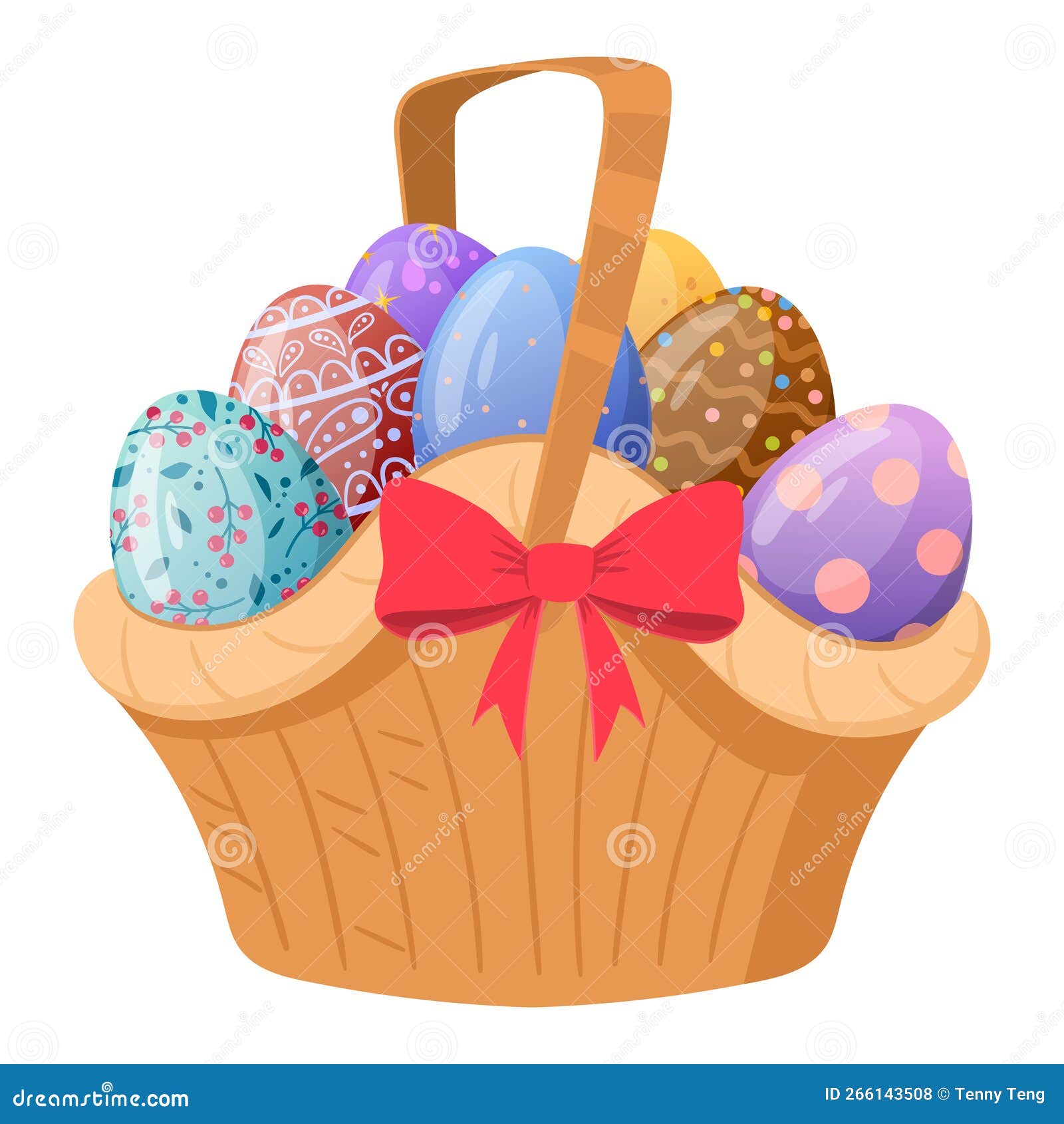 Cartoon Easter Wicker Basket. Painted Easter Eggs in Hamper Handle Basket, Spring Holiday ...