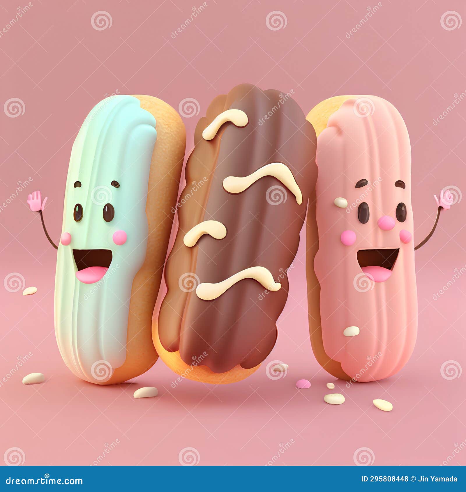 Cartoon Eclairs with Funny Faces. 3d Illustration Stock Illustration ...