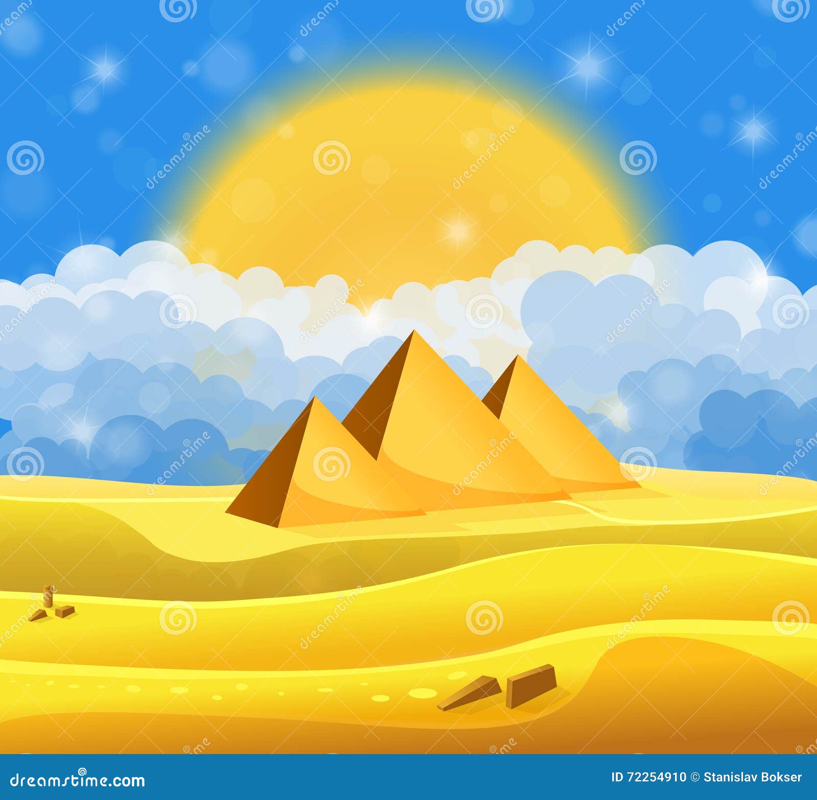 Cartoon Egyptian Pyramids In The Desert With Blue Cloudy Sky Vector ...
