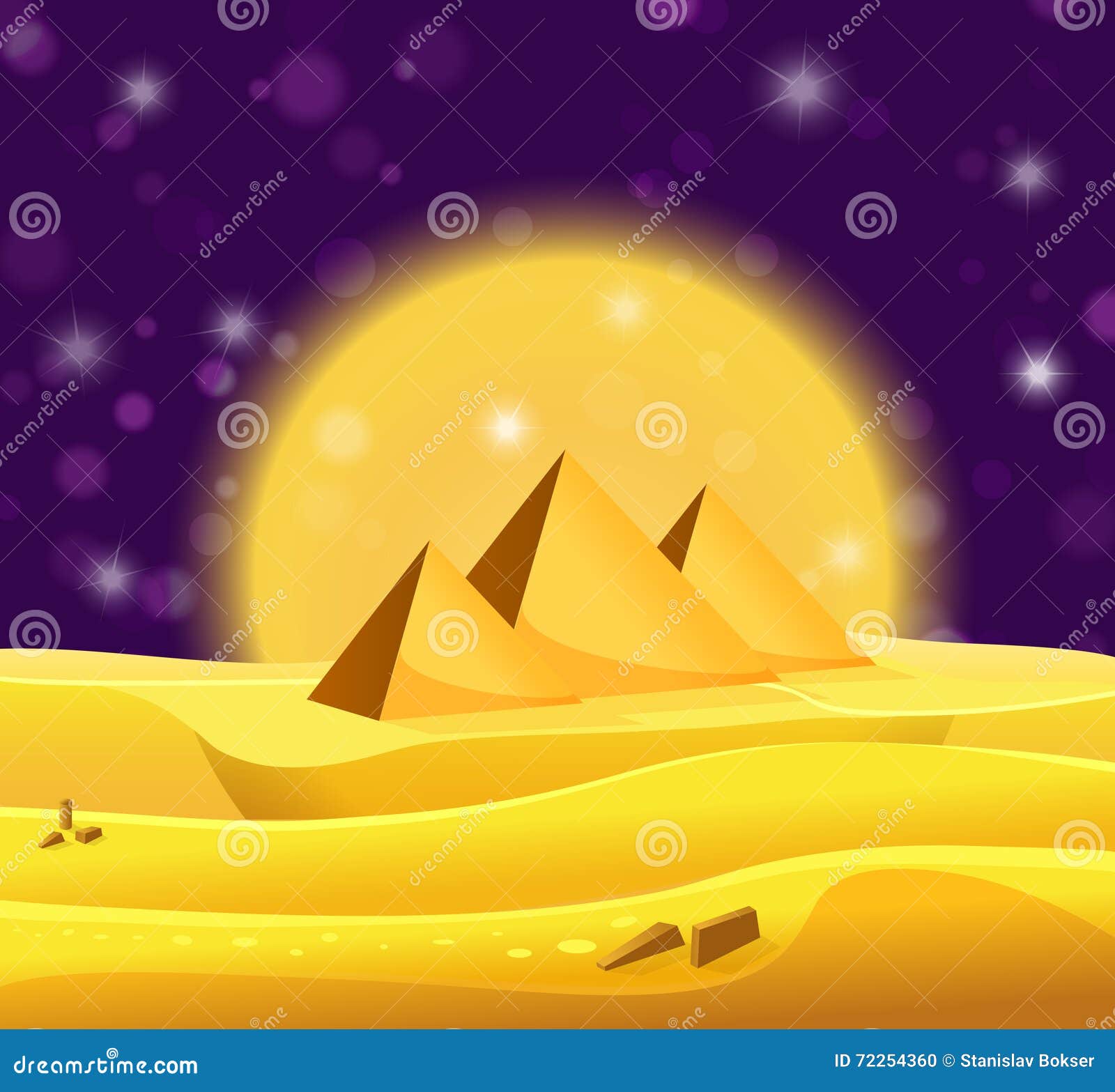 Cartoon Egyptian Pyramids in the Desert with Violet Night Sky Stock ...