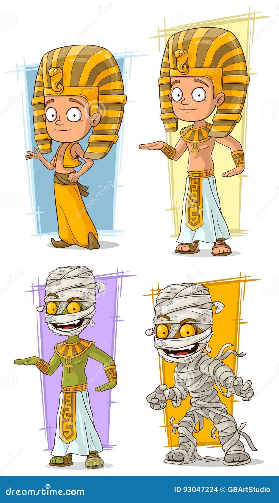 Cartoon Egyptian Young Pharaoh and Mummy Character Vector Set Stock ...