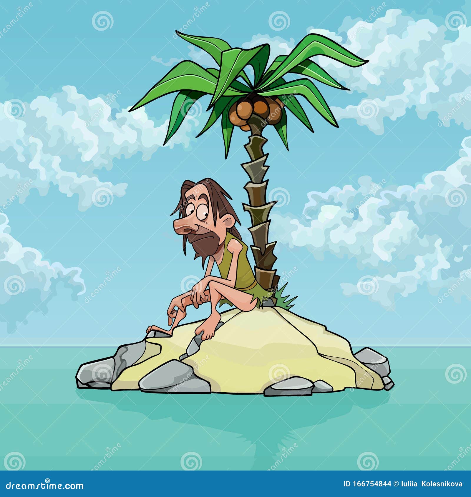 Cartoon Einsamer Auf Einer Kleinen Insel Mit Palmen Vektor Abbildung ...