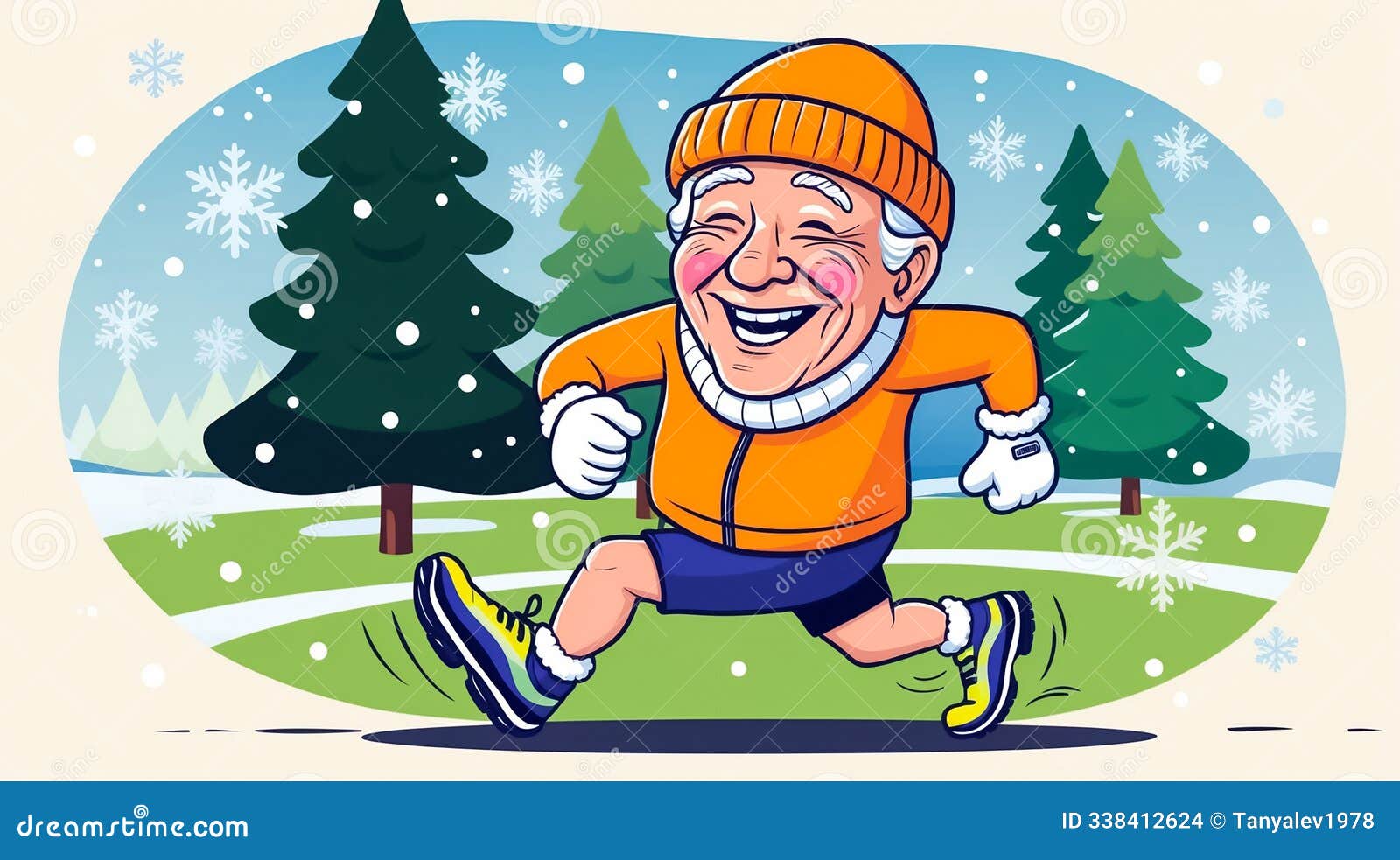 Cartoon Elderly Active Man Jogging in the Park Winter, Flat Design ...