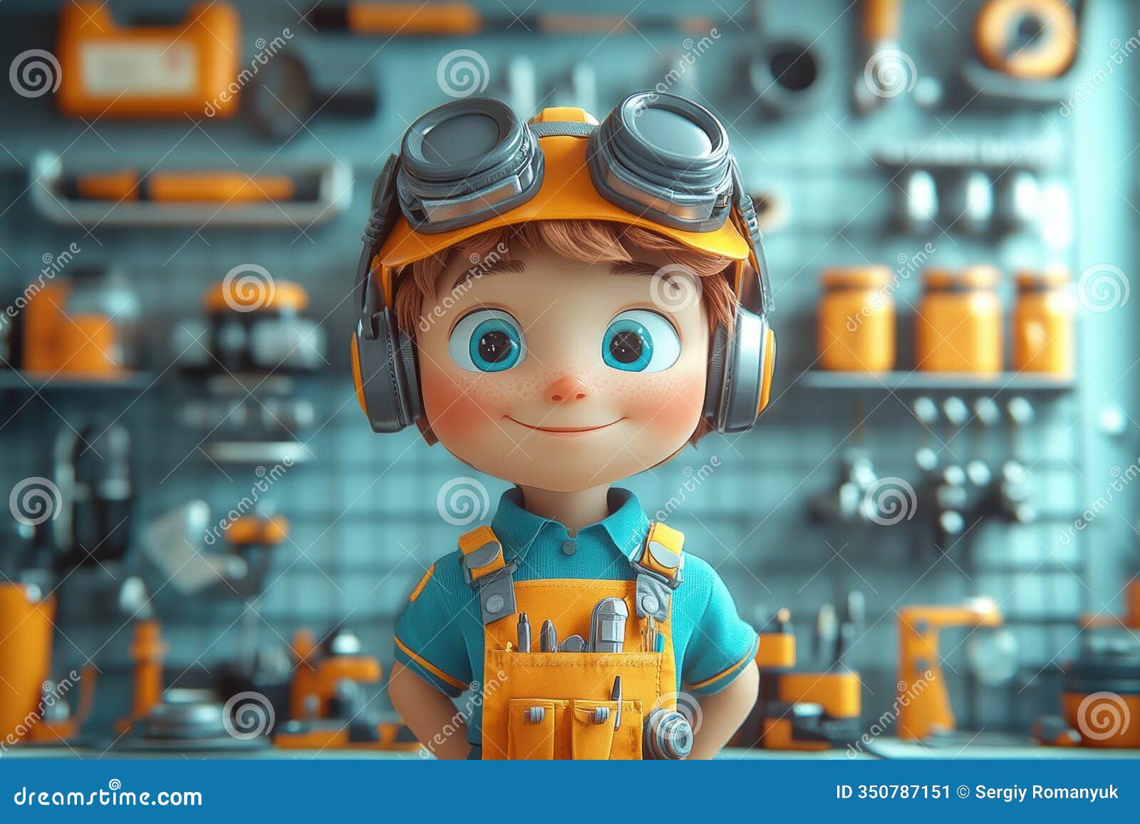 Cartoon Electrician Worker in a Workshop Surrounded by Tools Ready for ...