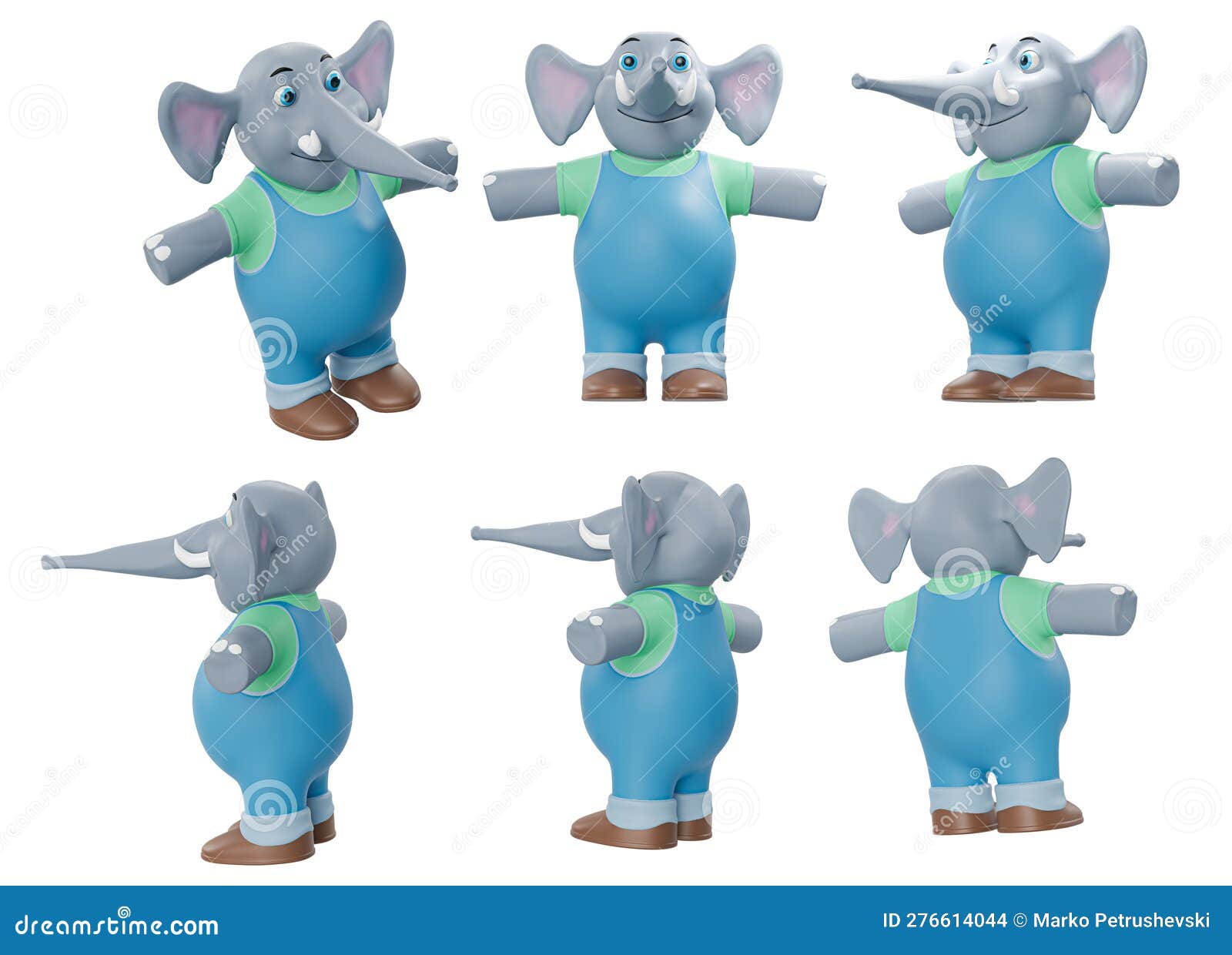 Cartoon Elephant Different Angles Isolated on White Background High ...