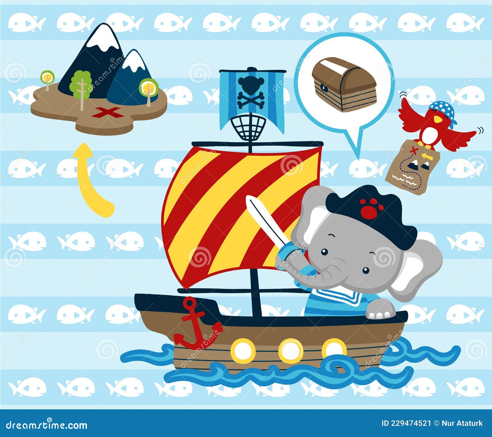 Cartoon of Elephant the Pirate on Sailboat on Fishes Striped Background ...