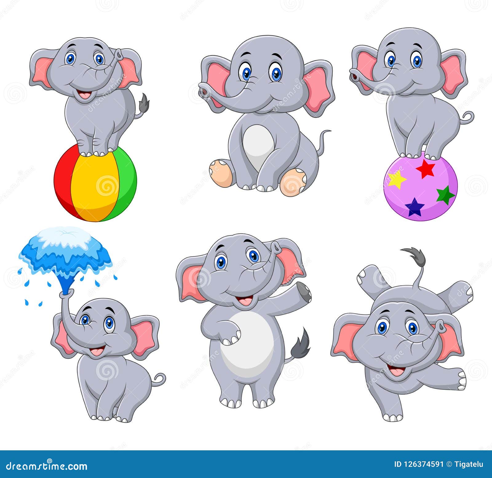 Set Of Elephants In Different Angles And Emotions In Cartoon Style ...