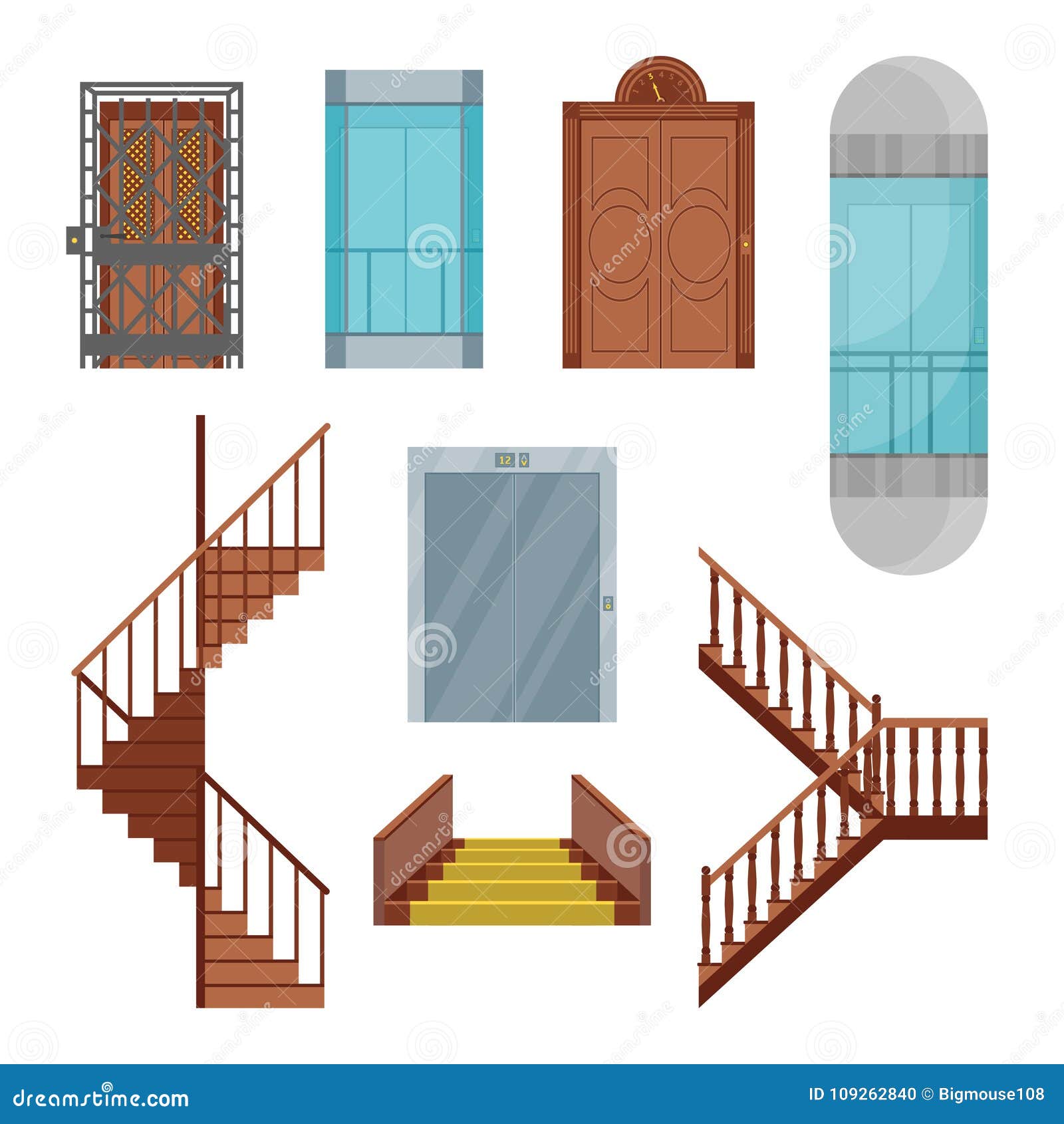 Elevator Stair Escalator Gangway Staircase Vector Illustration Flat Set ...