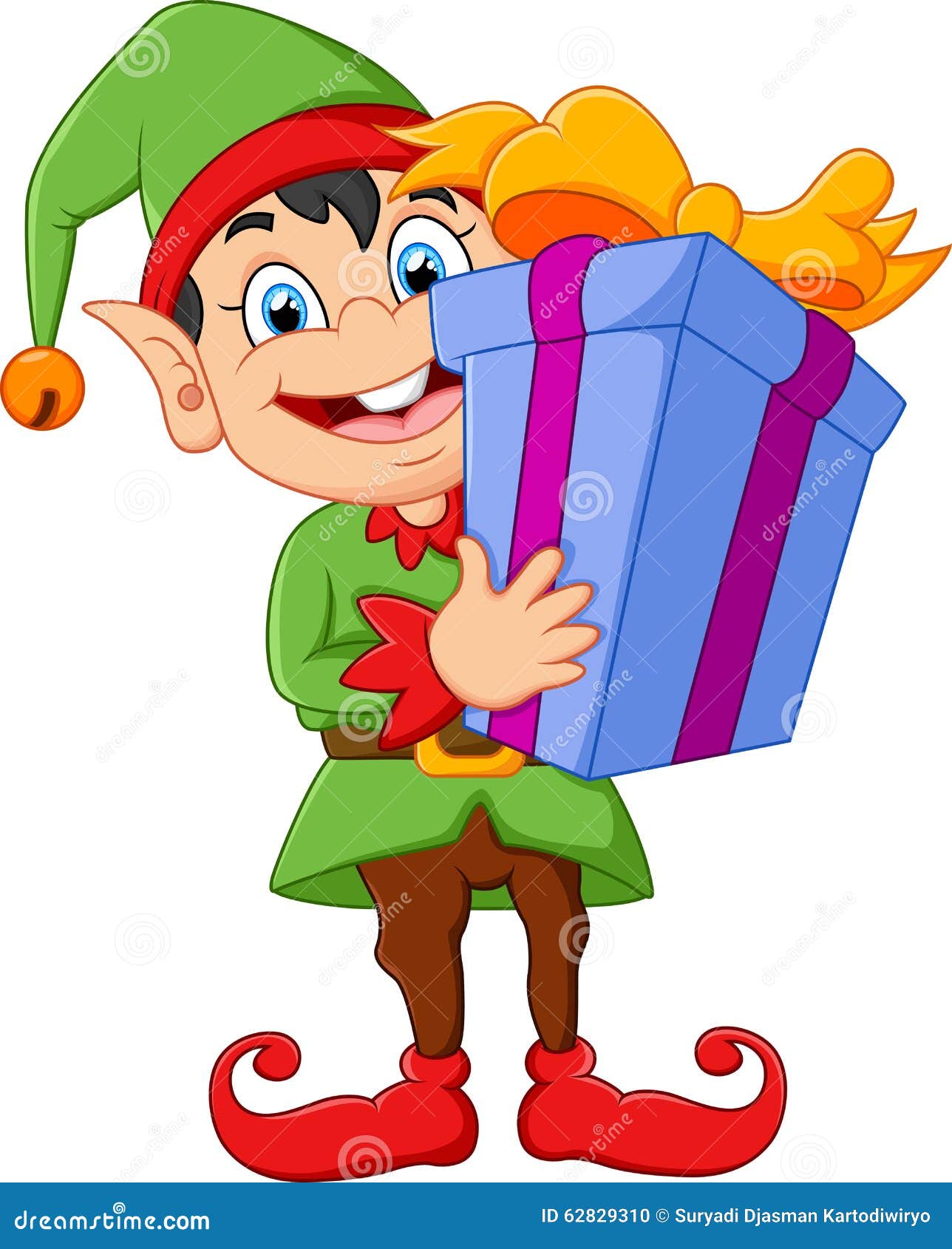 Cartoon Elf Holding Gift Box Stock Vector - Illustration of child ...