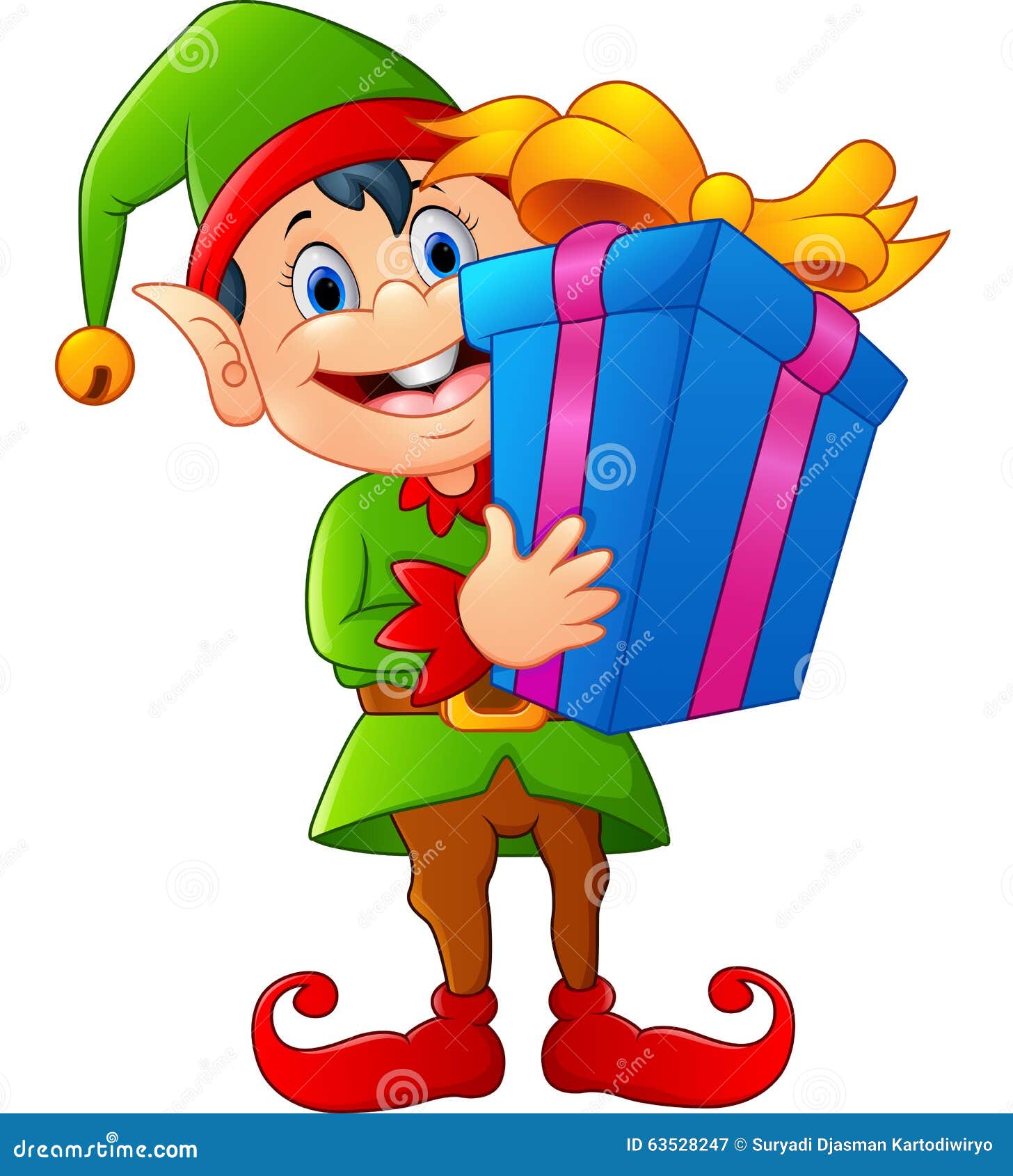 Cartoon Elf Holding Gift Box Stock Vector - Illustration of happy ...