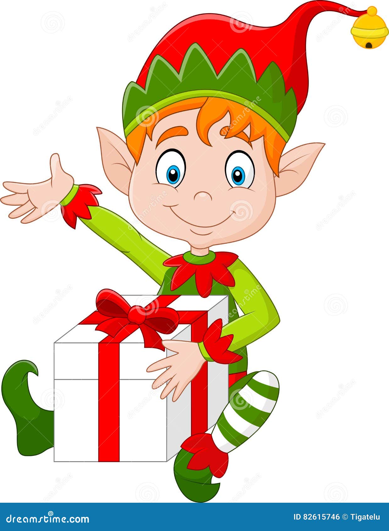 Cartoon Elf Holding Gift Box Stock Vector - Illustration of adorable ...