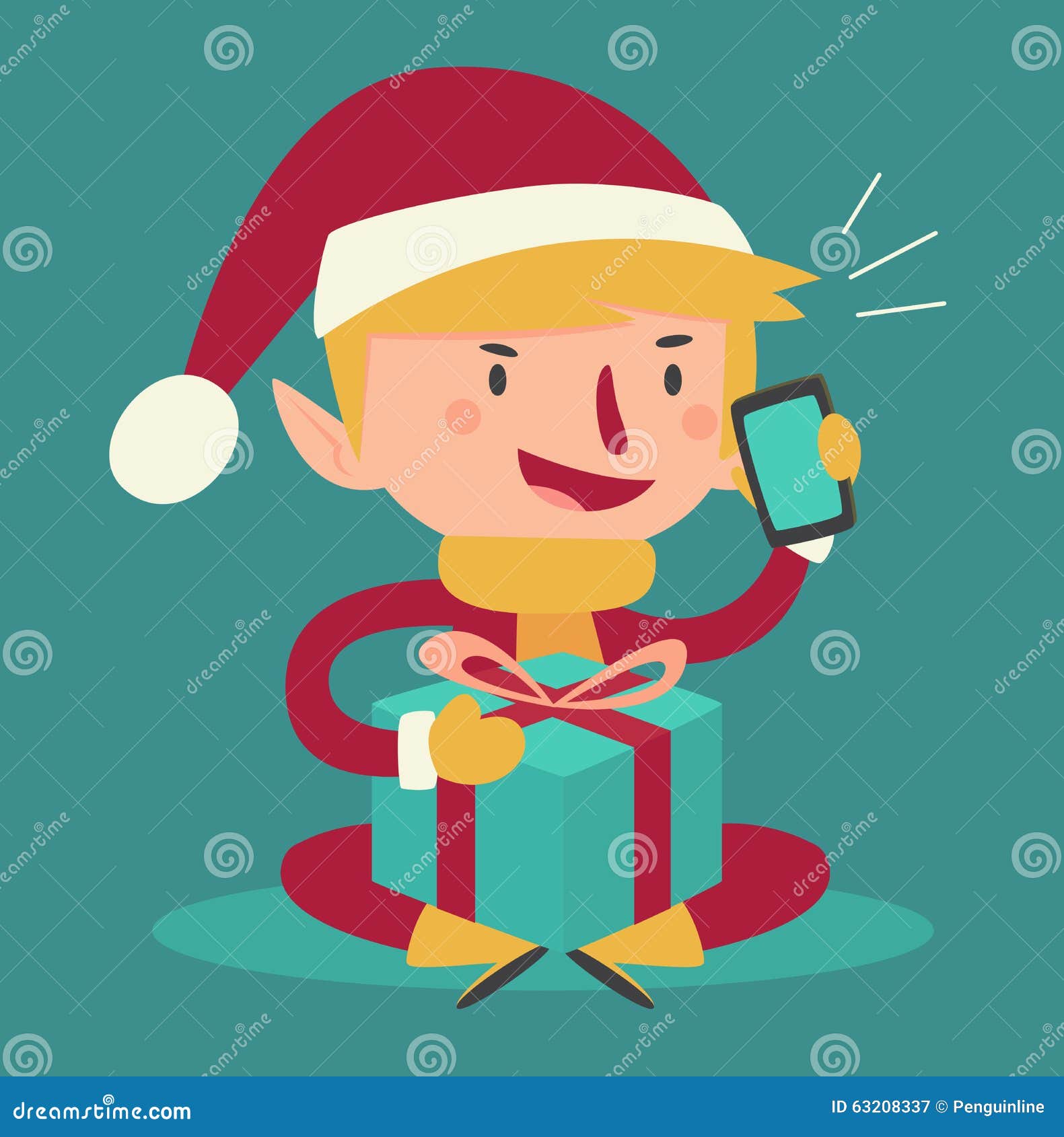 Cartoon Elf Talking on the Phone and Holding a Present Stock Vector ...