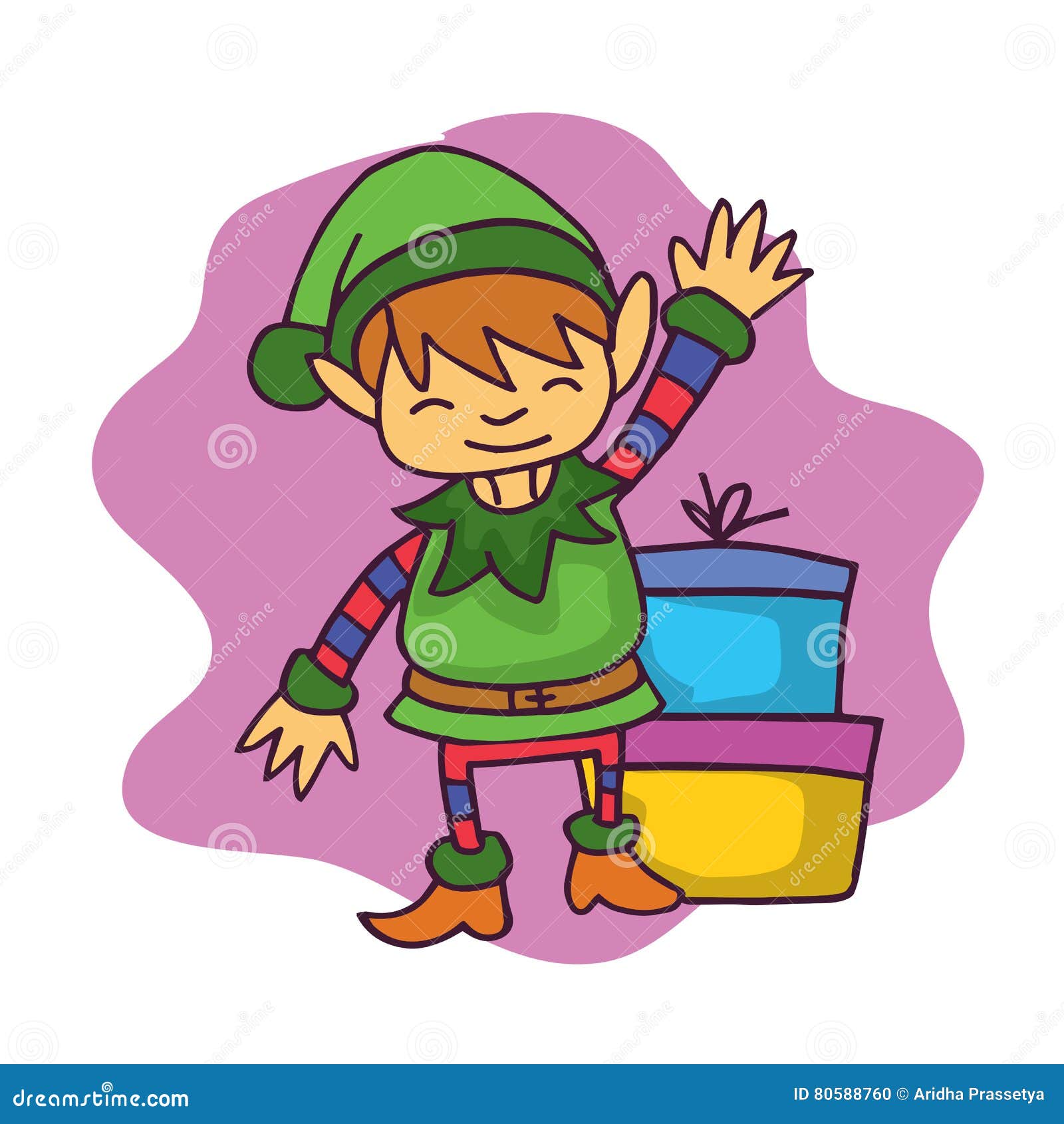 Cartoon Elf Waving with Gift Christmas Stock Vector - Illustration of ...
