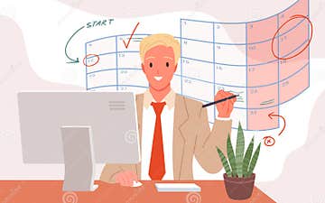 Cartoon Employee Character Working with Visual Interactive Interface of ...