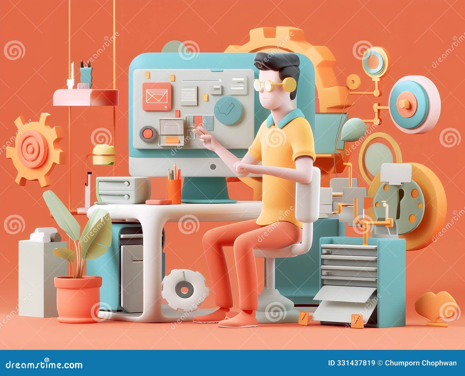 Cartoon of Employee Troubleshooting Tech Issues at Workplace Desk Stock ...