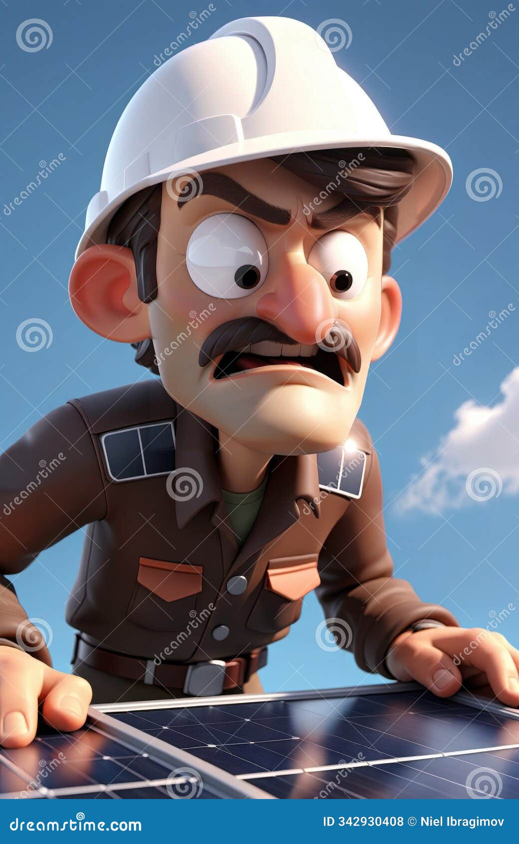 Cartoon Engineer With Hard Hat Holding Tablet And Wind Turbine Model ...