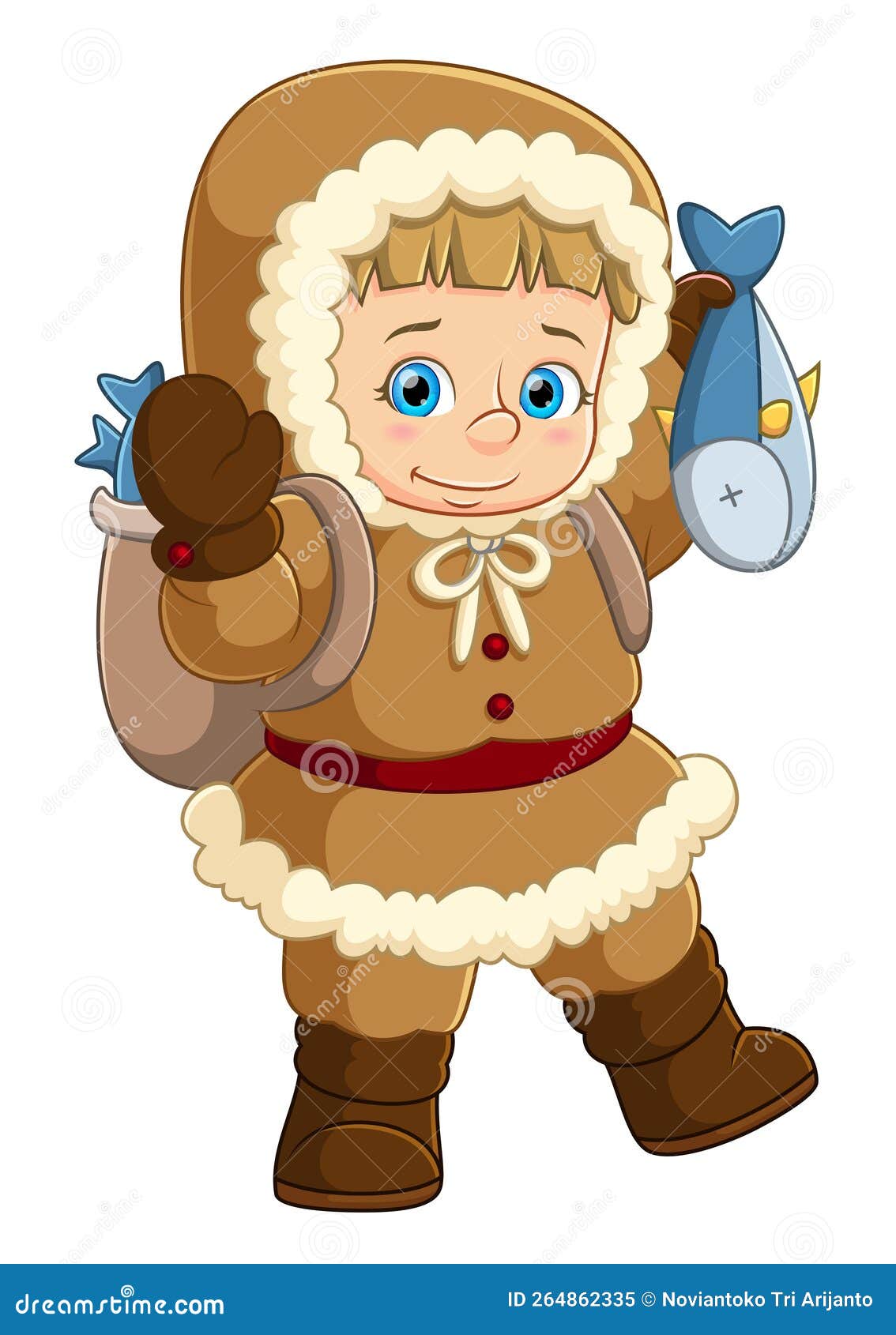 Cartoon Eskimo Boy Holding a Big Fish Stock Vector - Illustration of ...