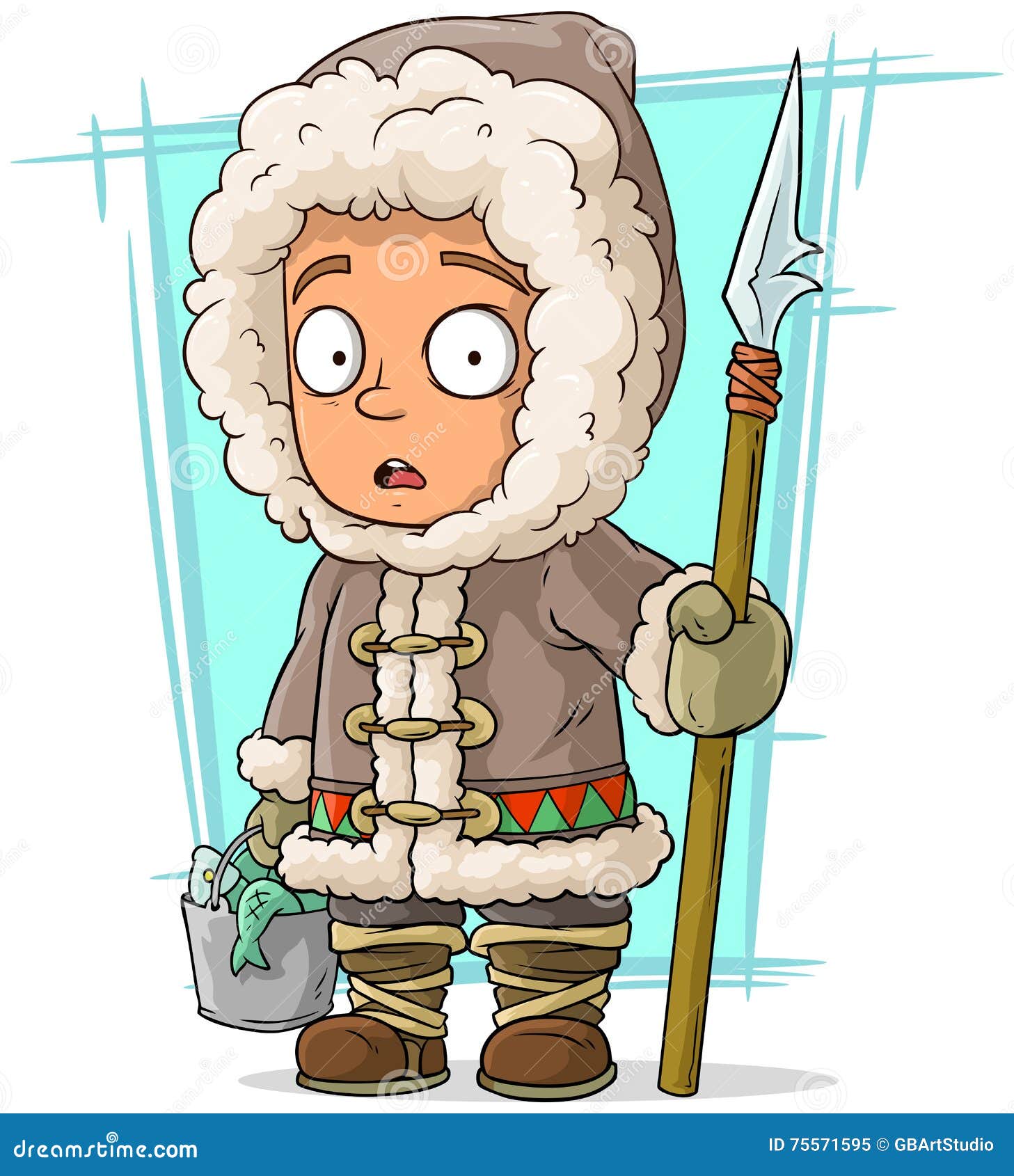 Cartoon Eskimo Boy with Spear and Fish Stock Vector - Illustration of ...